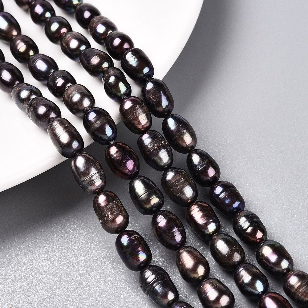 Cultured Freshwater Pearl Beads Strands Silver Nitrate Dyed Rice Shaped ...