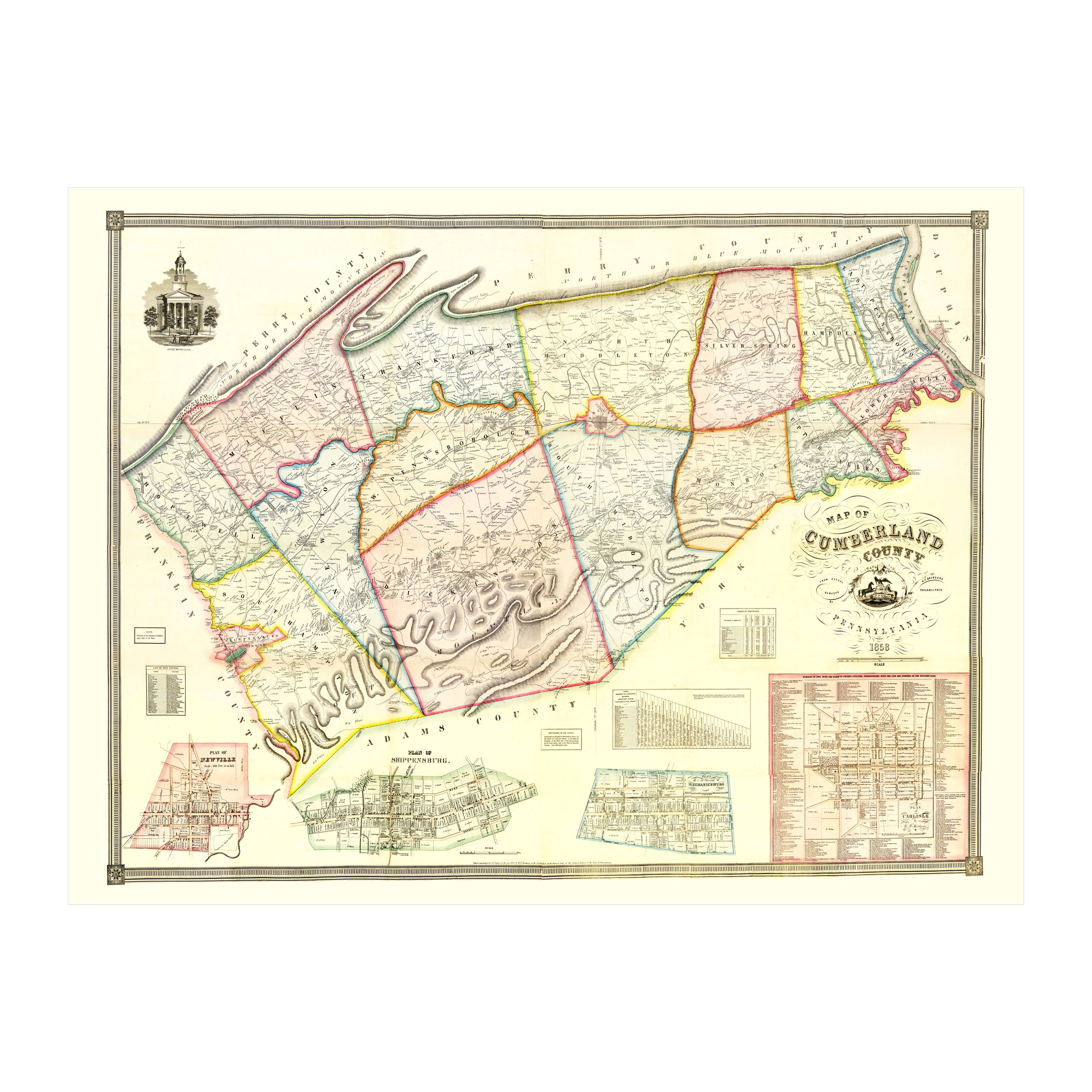 Cumberland County Pennsylvania Art, 1858 Vintage Map of Cumberland ...