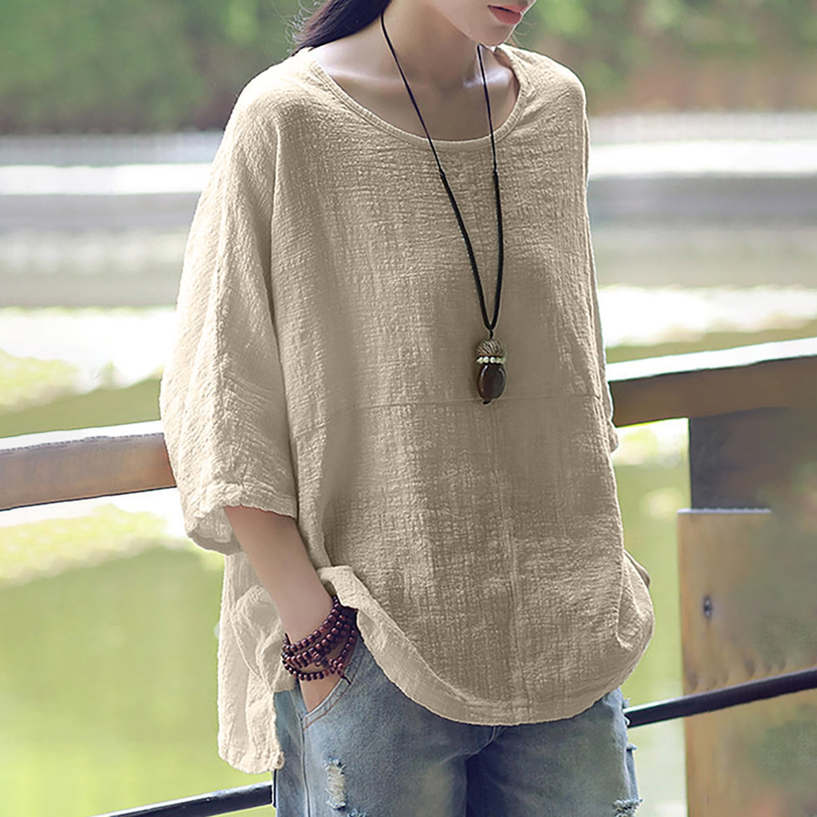Cuoff Blouses for Women Casual Solid Color Loose Cotton Linen Medium ...