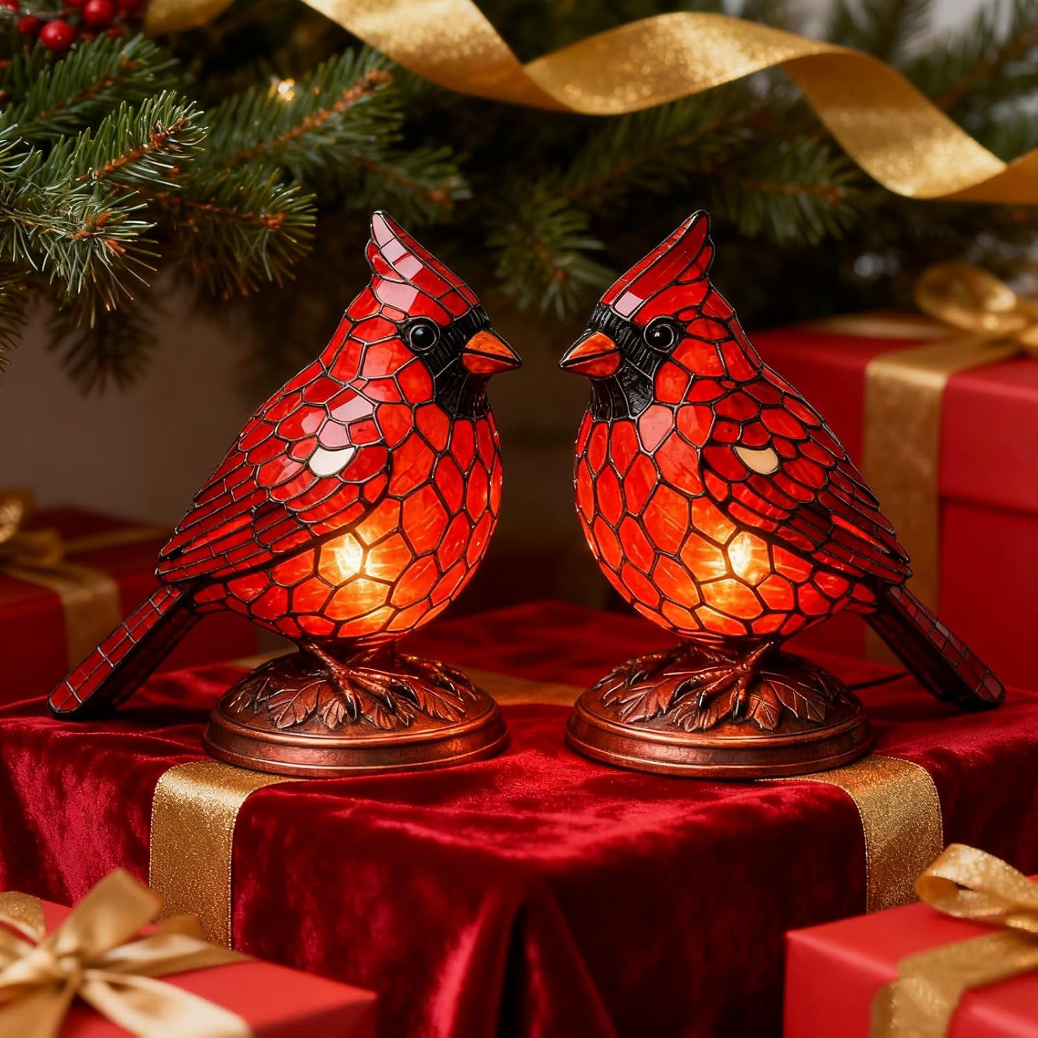 Cuoff Cardinal Lamp Stained Glass, Red Resin Birds Desk Light ...