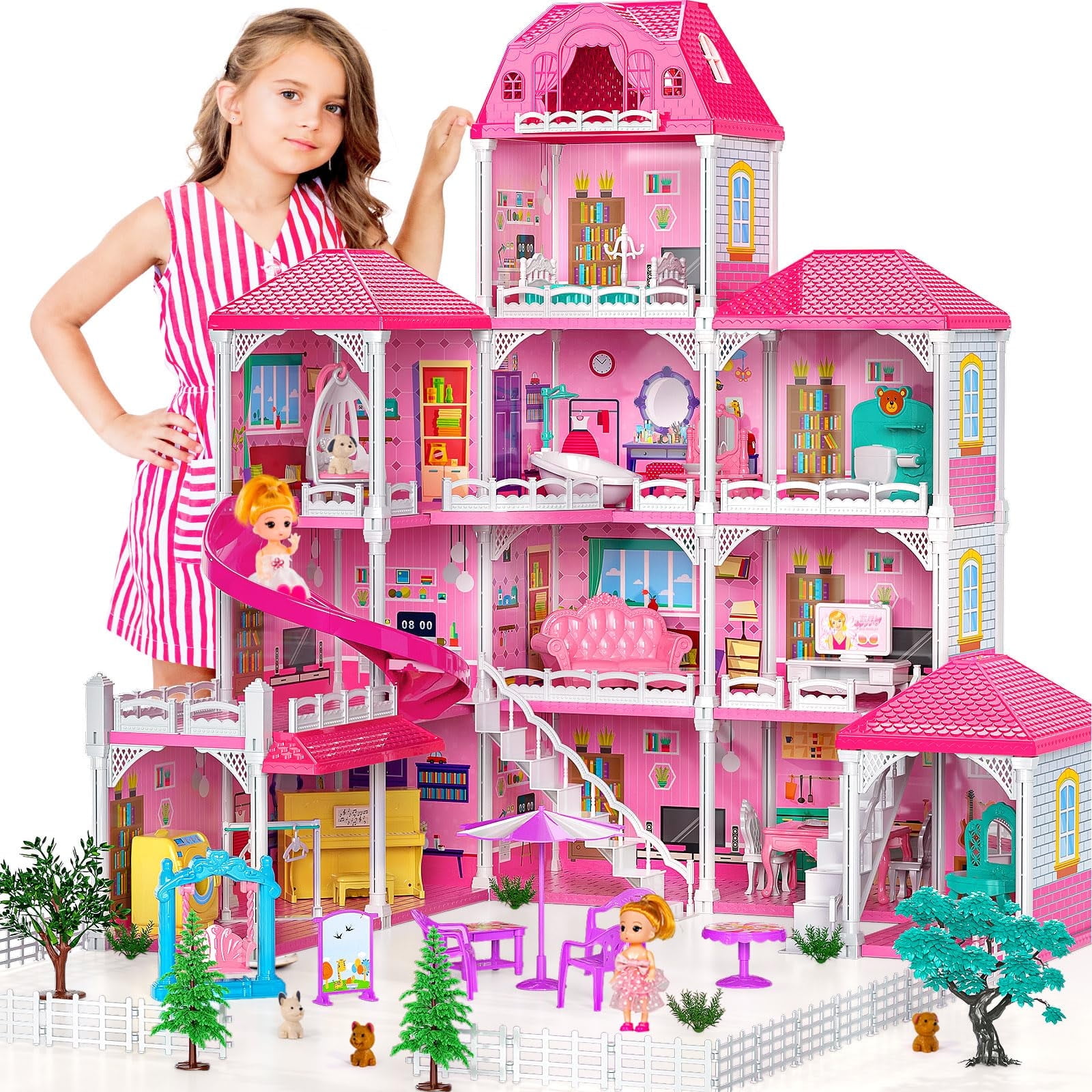 4-Story 12 Rooms Dollhouse for Girls, Cuopluber Doll House with 2 Doll ...