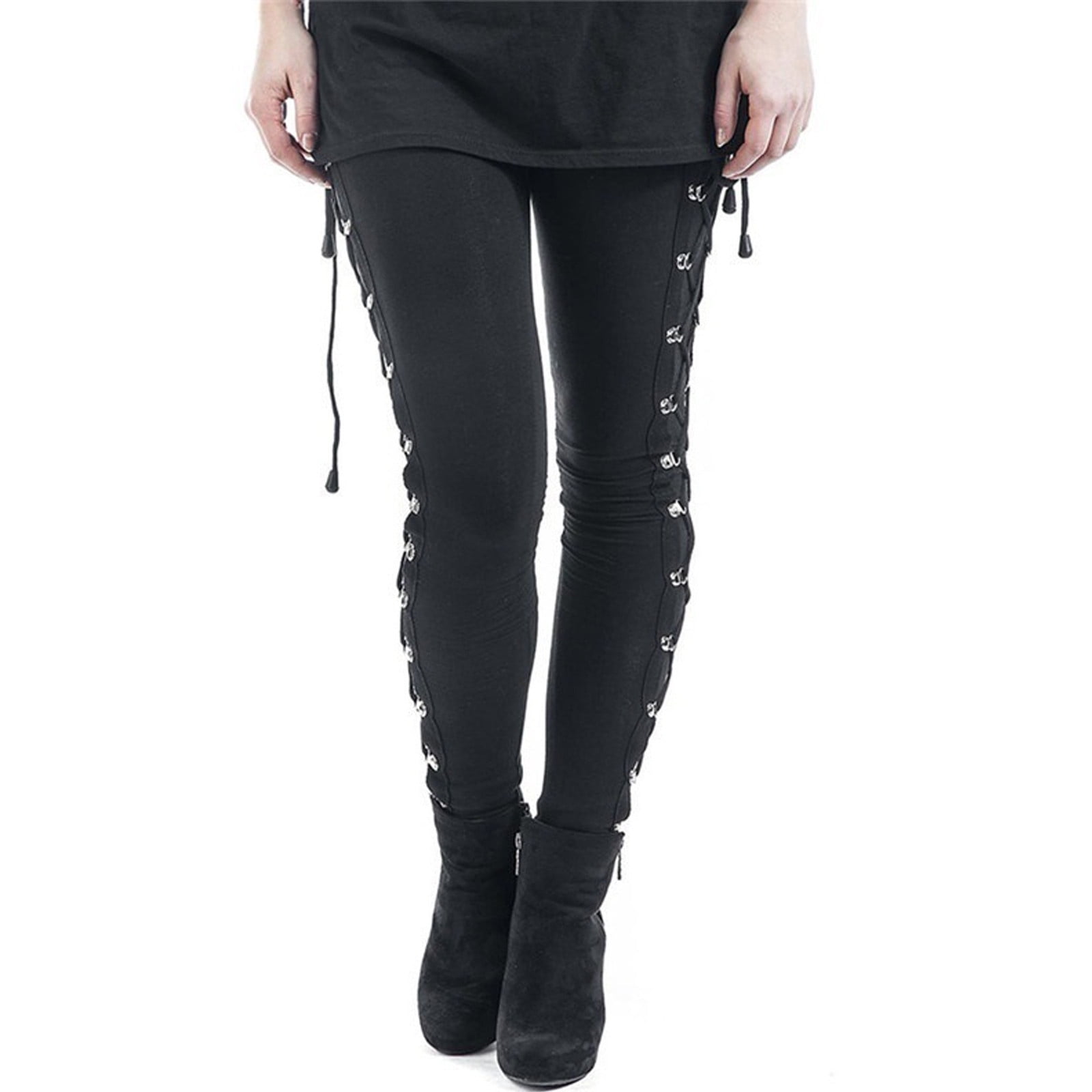 Cuozvetk Women's Solid Color Punk Style Lace Up Hip High Waist Pants ...