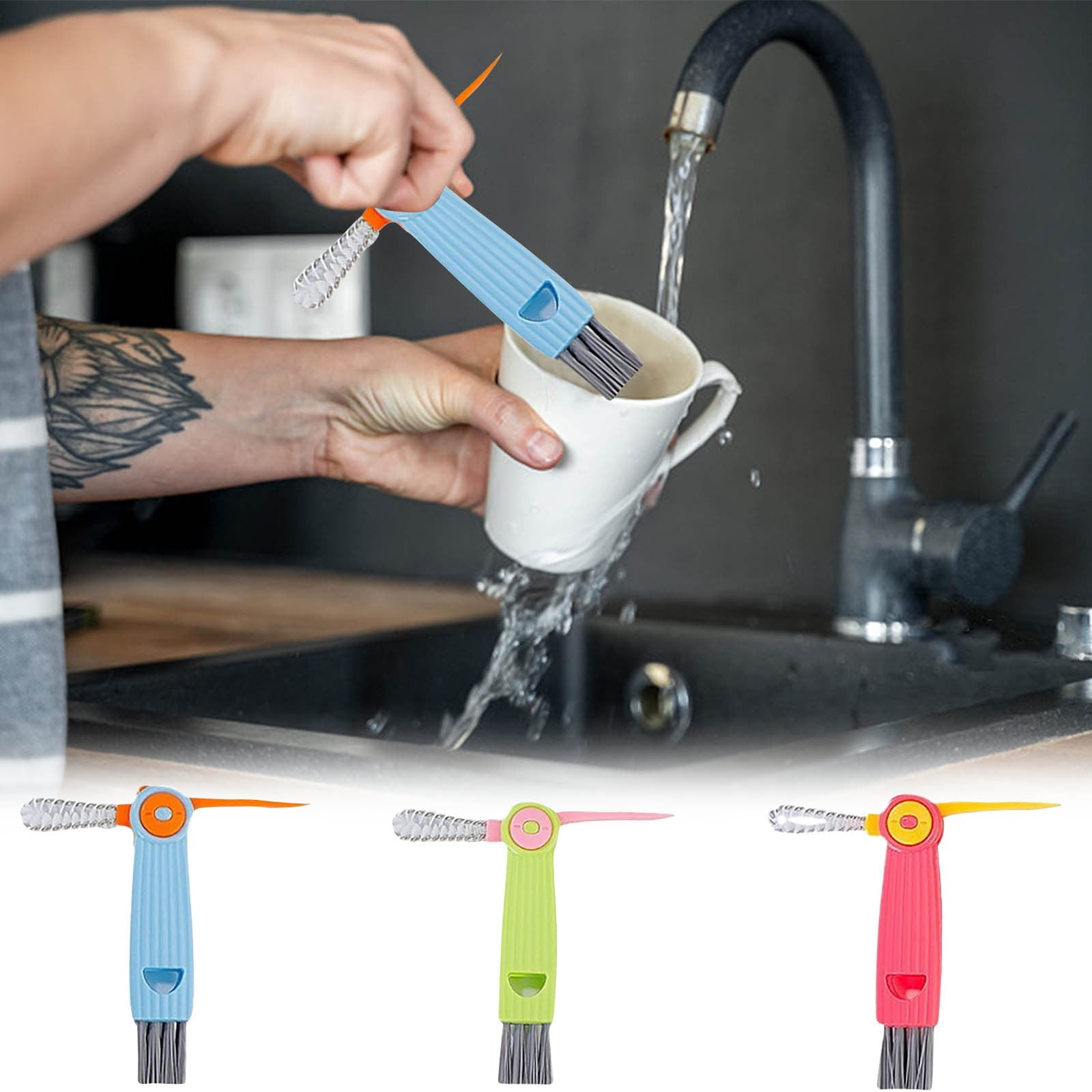 Cup Glass Cleaning Brush 3-in-1 Multi-Functional Rotating Folding U ...