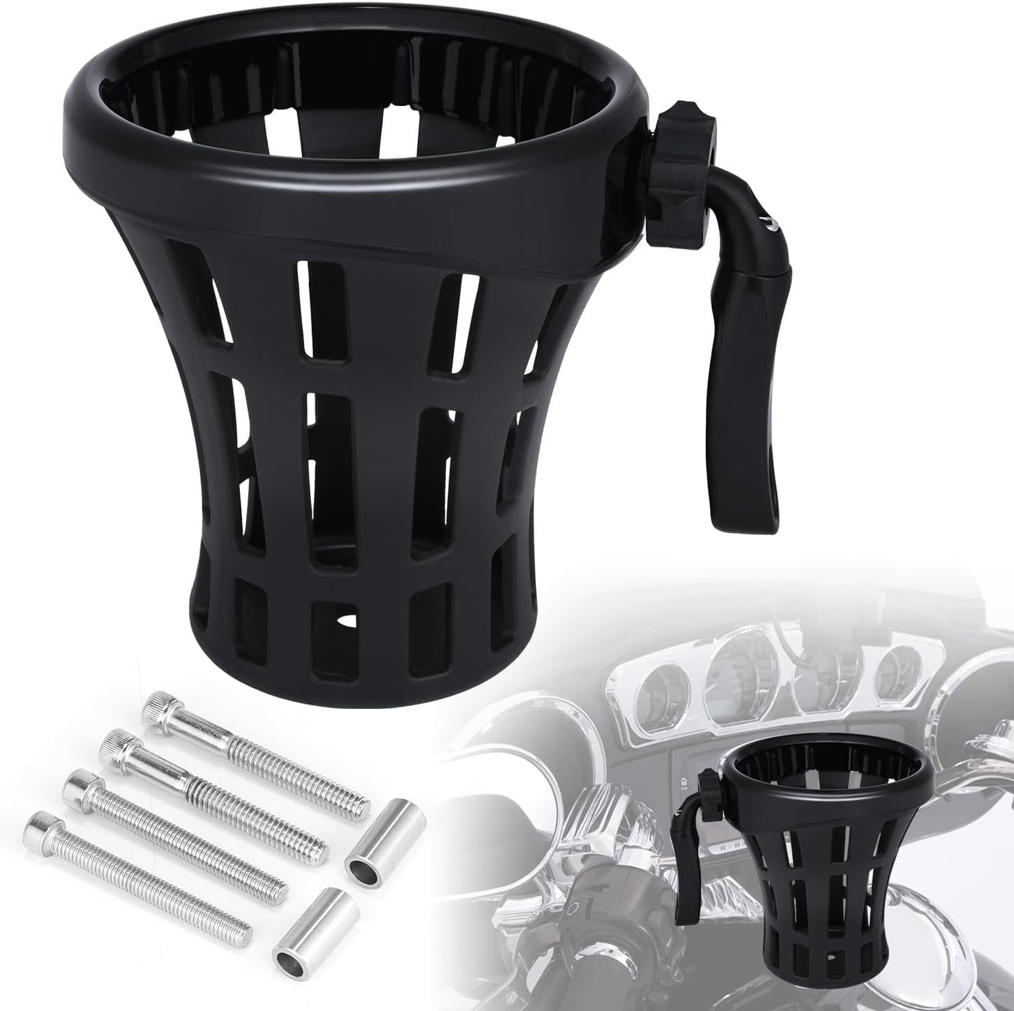 Cup Holder for Motorcycle Handlebars, Big Drink Holder Plated & Rubber ...