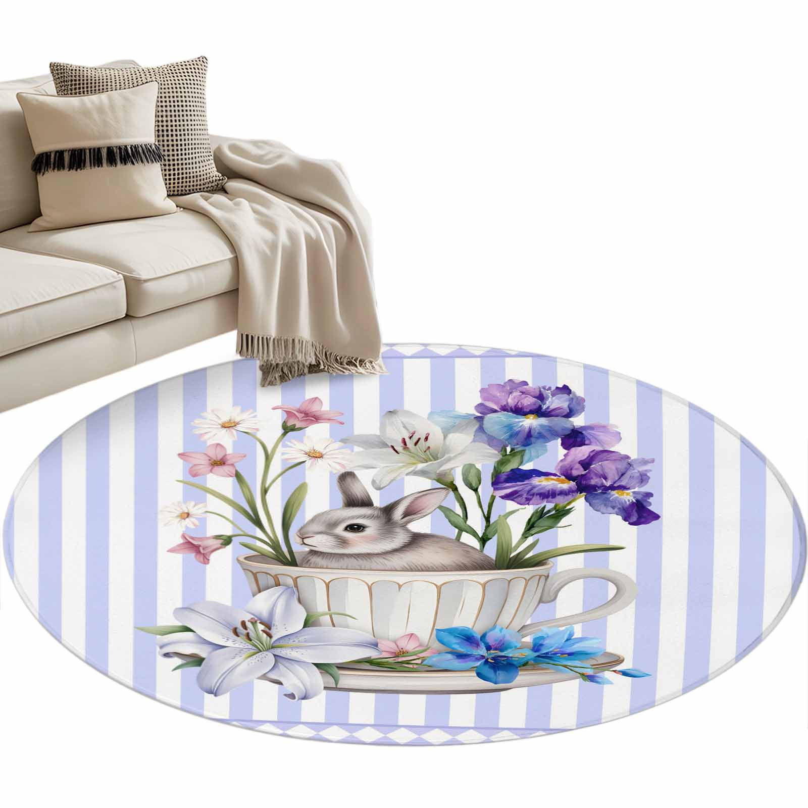 Cup Rabbit Area Rugs 3.3ft Easter Watercolor Tea Cup Bunny Floral ...