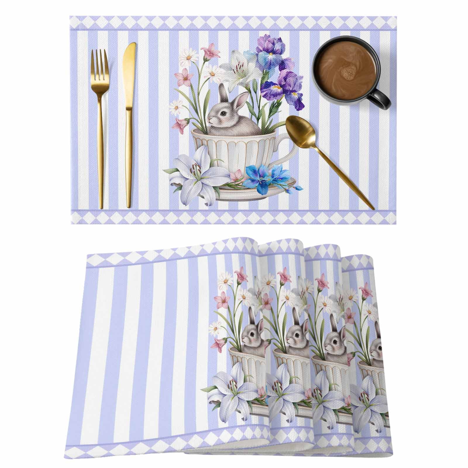 Cup Rabbit Placemats Set of 1, Easter Watercolor Tea Cup Bunny Floral ...