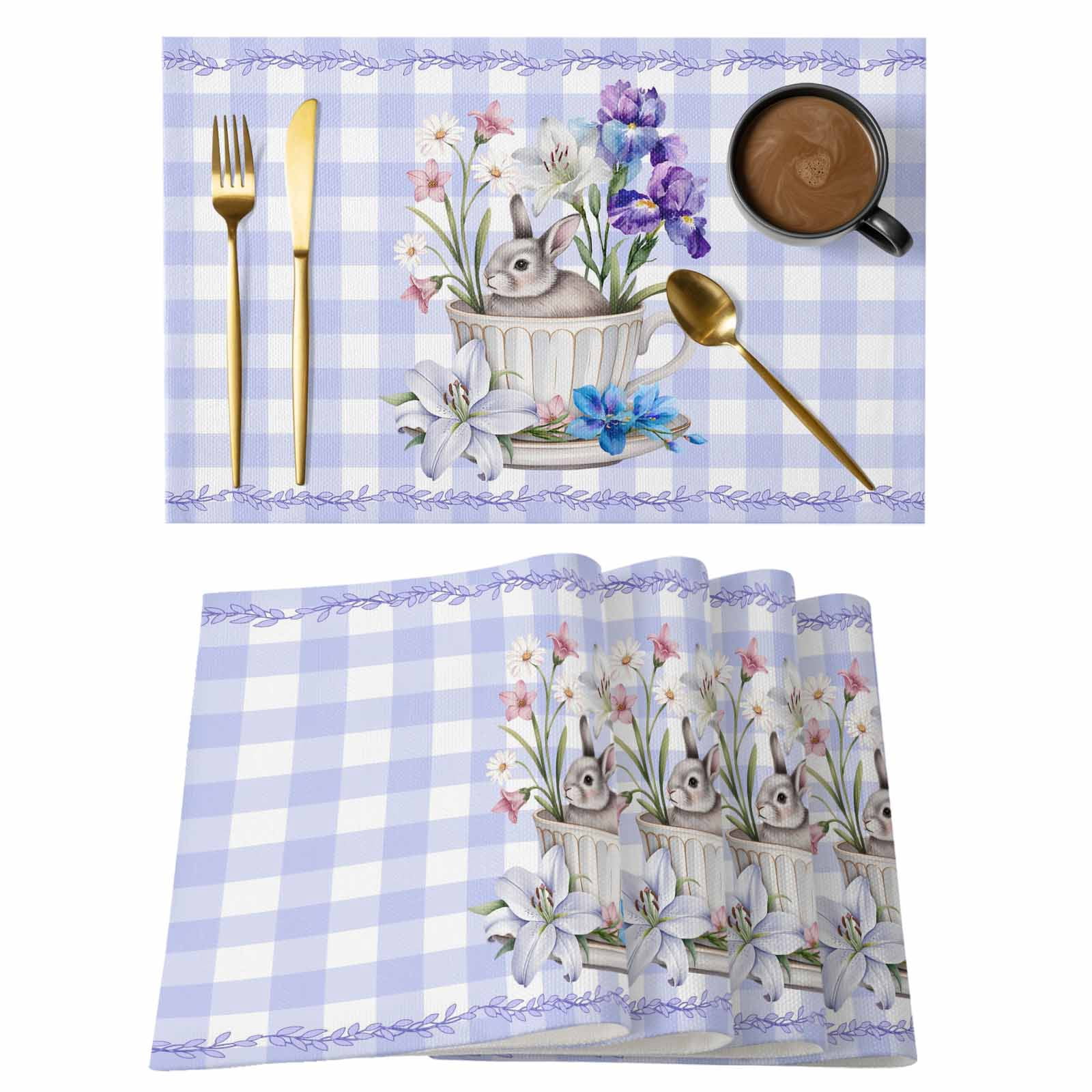Cup Rabbit Placemats Set of 6, Easter Watercolor Tea Cup Bunny Floral ...