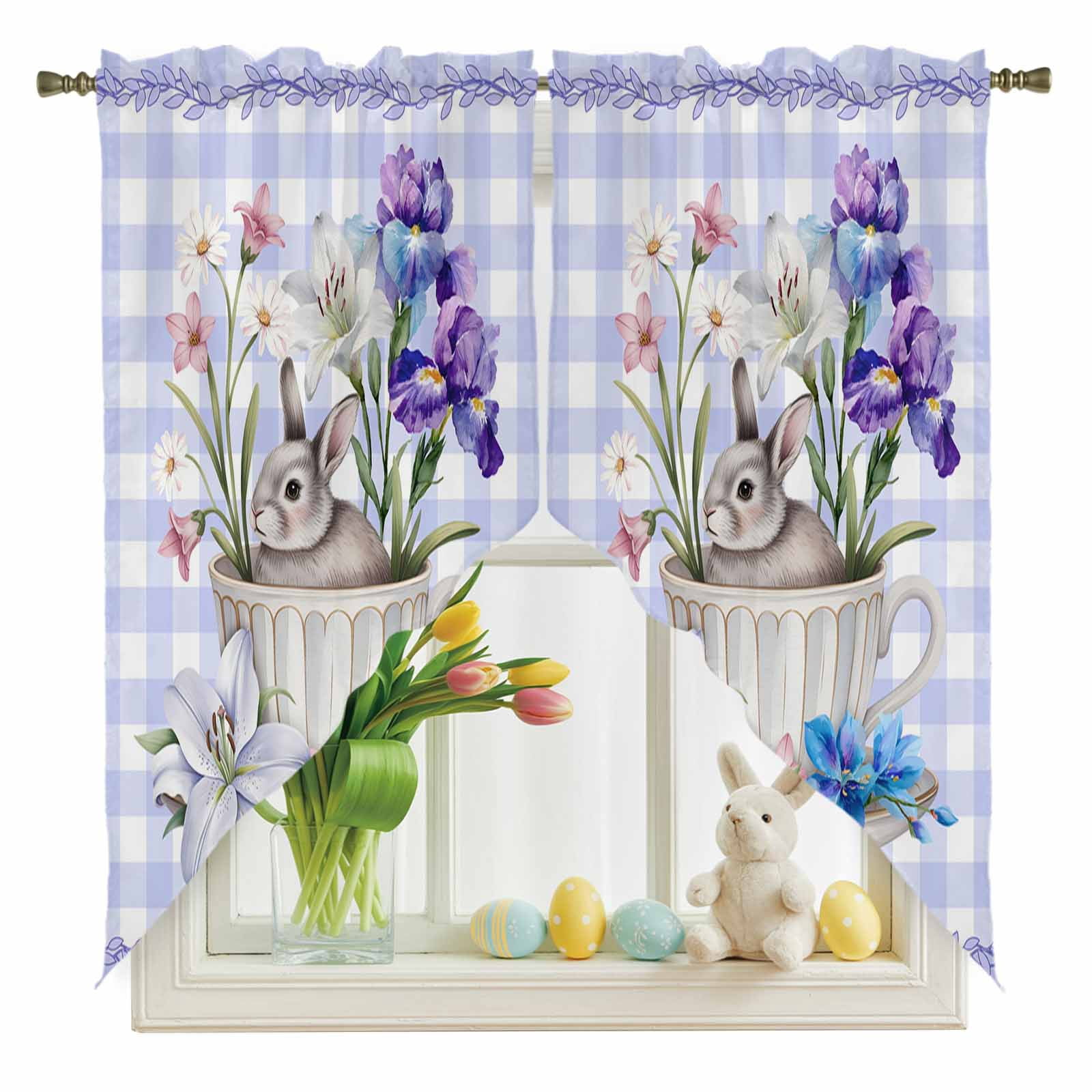 Cup Rabbit Swag Valance Curtains Easter Watercolor Tea Cup Bunny Floral ...