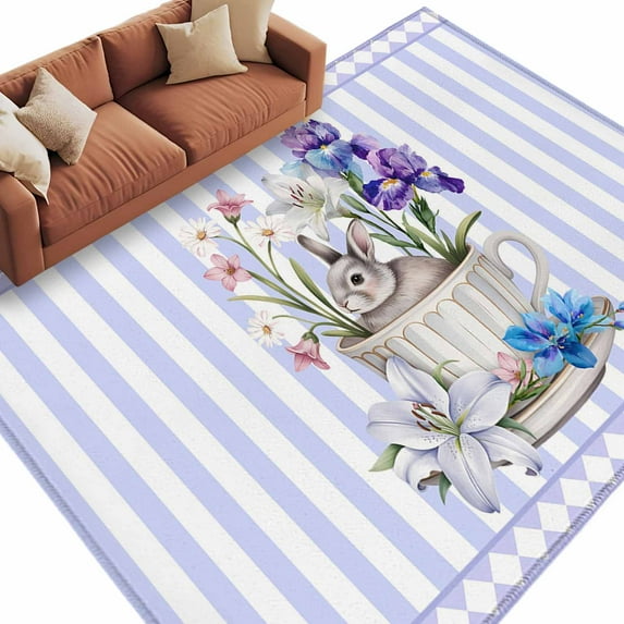 Cup Rabbit Washable Area Rug 8 x 10 ft Easter Watercolor Tea Cup Bunny ...