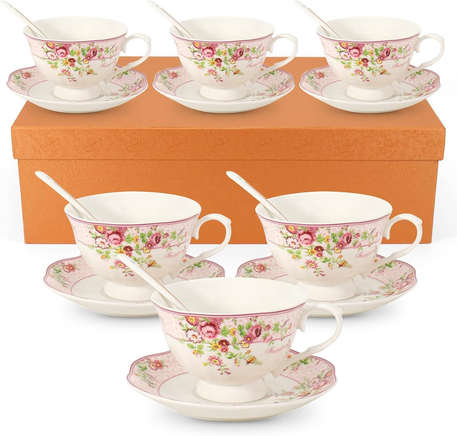 Cup and Saucer Sets of 6 with Spoon, 8oz Ceramic Tea Cups Saucers Set Porcelain New Bone China ...