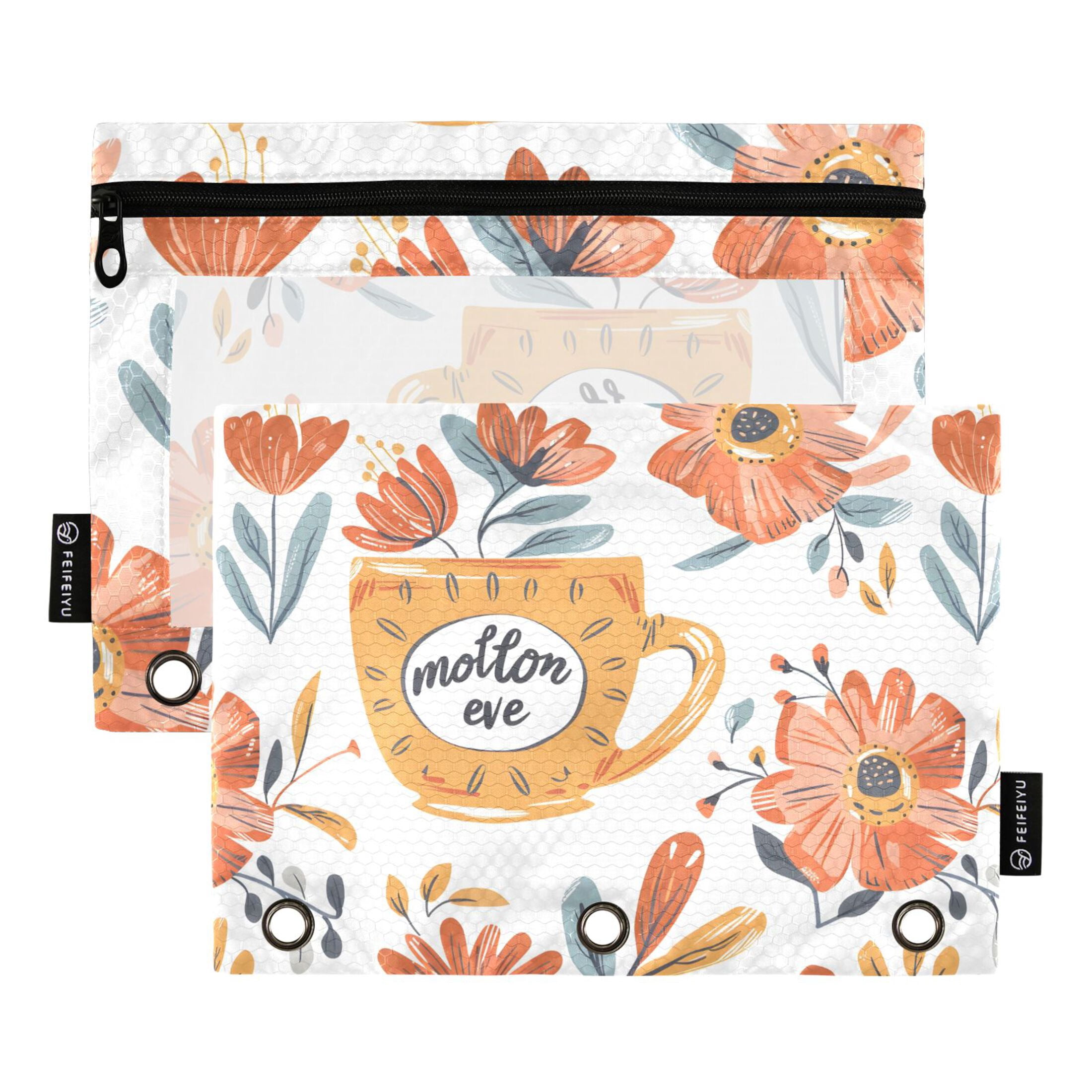 Cup with Flowers 2 Pack Pencil Pouch for 3 Ring Binder Smooth Zipper ...