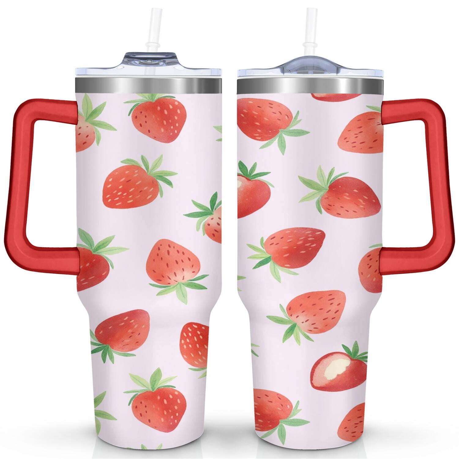 Cup with Handle and Straws 40 oz Insulated Strawberry Travel Cup ...