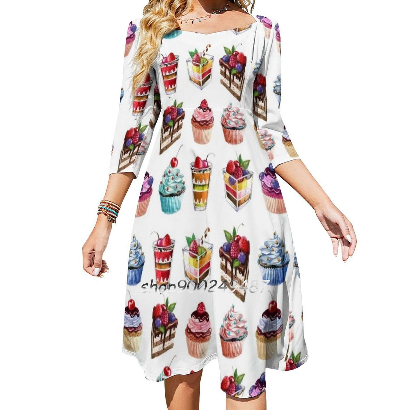 Cupcake And Ice Cream Square Neck Dress New Plus Size Elegant Women ...