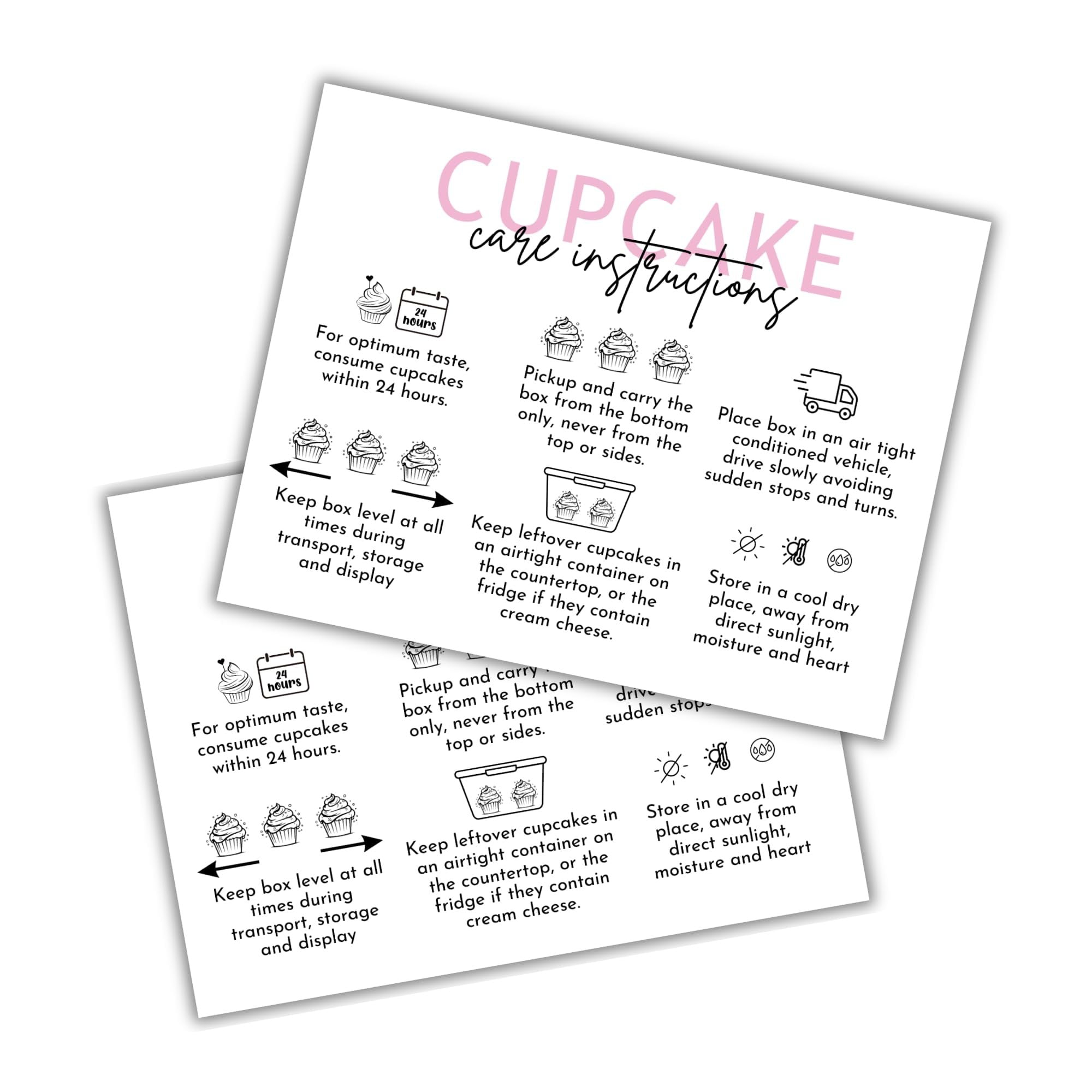 Cupcake Care Instruction Cards 30pk 4.25x5.5 Bakery How To Store Client ...