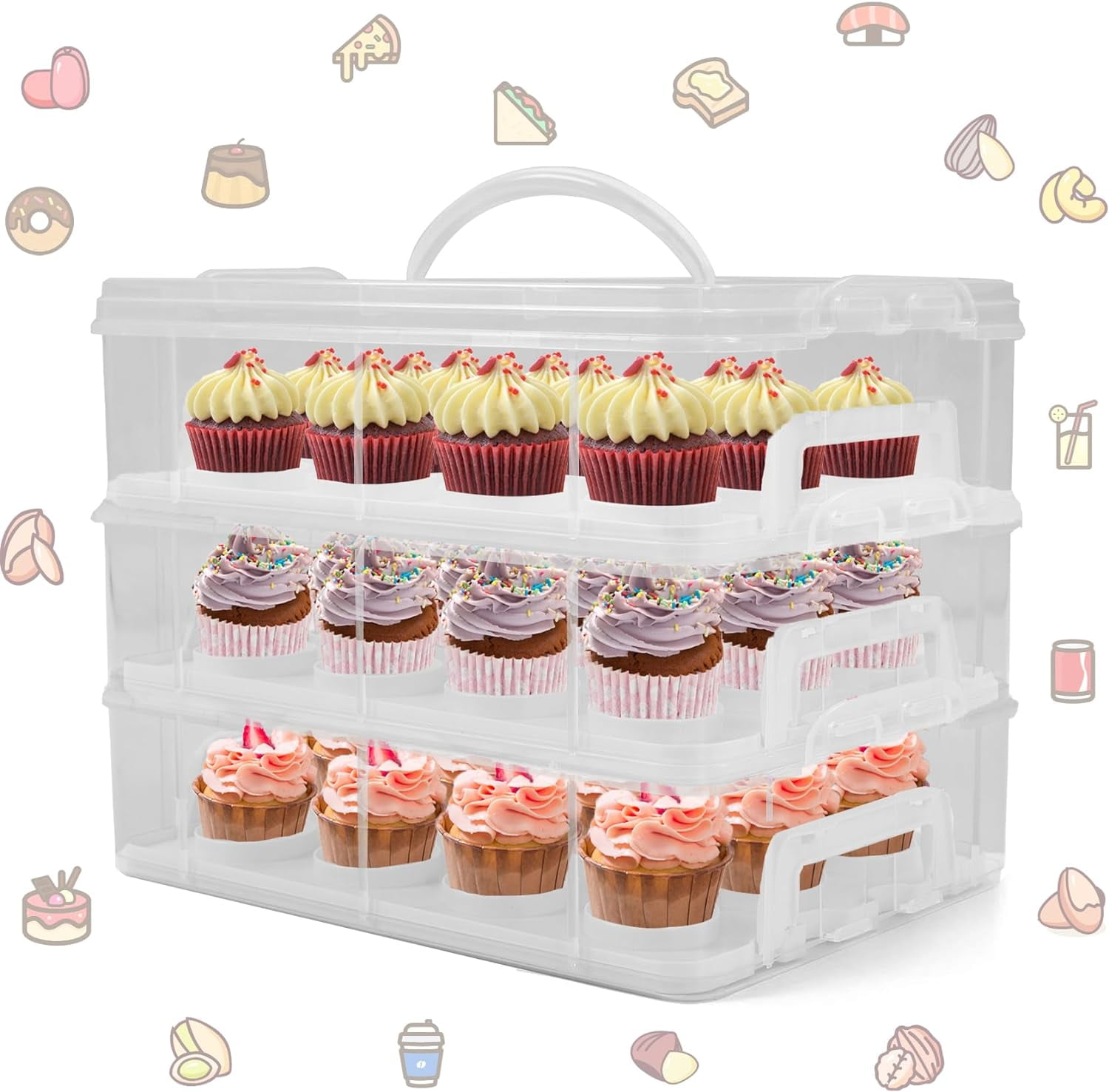 Cupcake Carrier, 3-Tiers Cupcake Containers, Holds 36 Cupcakes or 3 ...