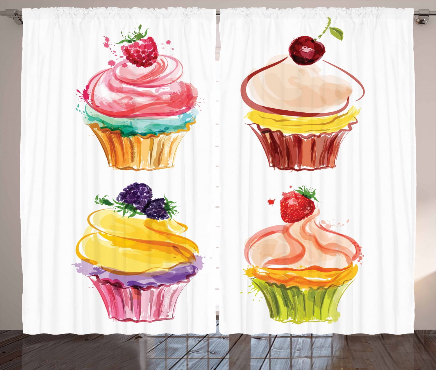 Ambesonne Cupcake Curtains 2 Panel Set, Pastel Watercolor Bakery, 108 ...