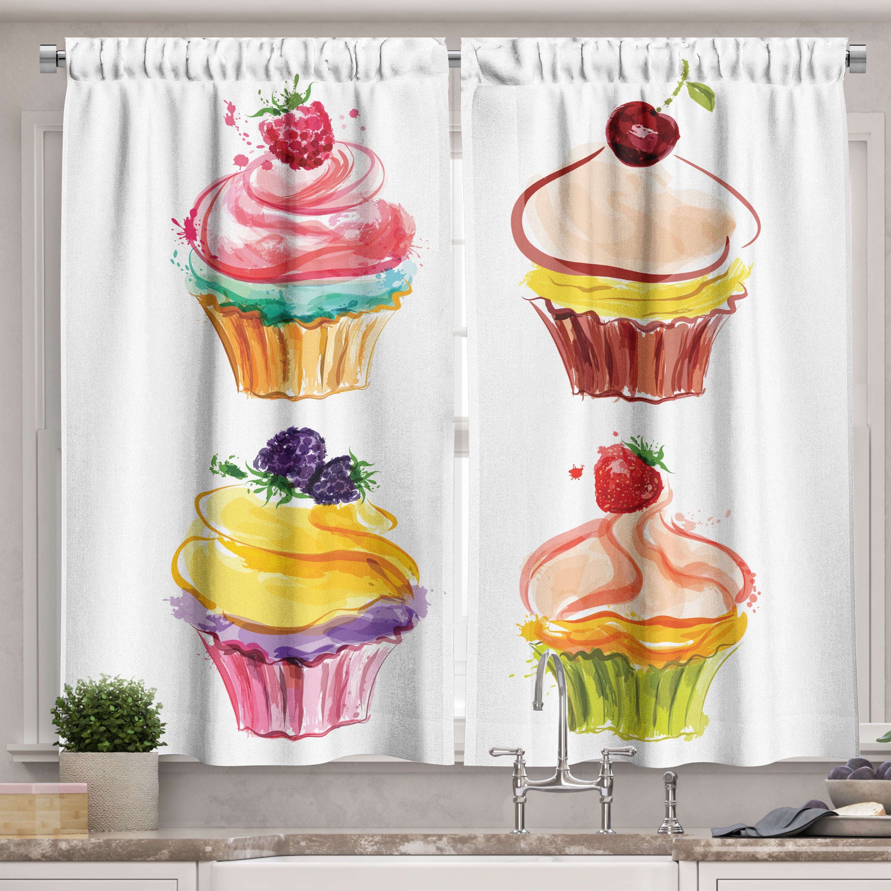 Cupcake Curtains 2 Panels Set, Pastel Toned Watercolor Bakery Goods ...