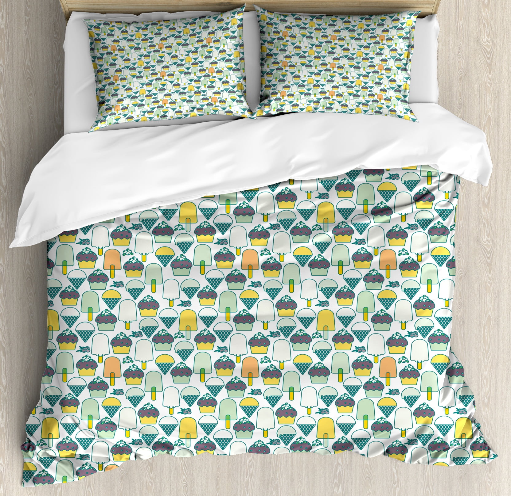 Cupcake Duvet Cover Set, Composition of Ice Cream Cones Muffin Cakes ...