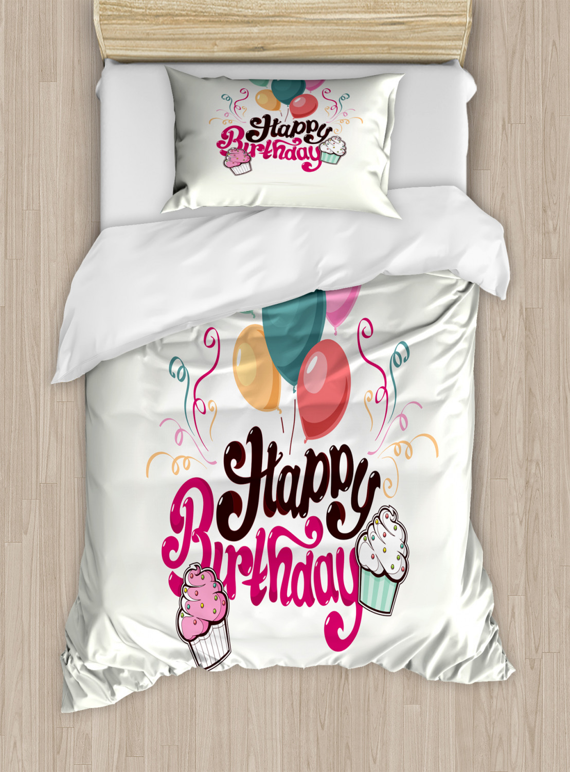 Cupcake Duvet Cover Set Twin Size, Happy Birthday Typography with ...