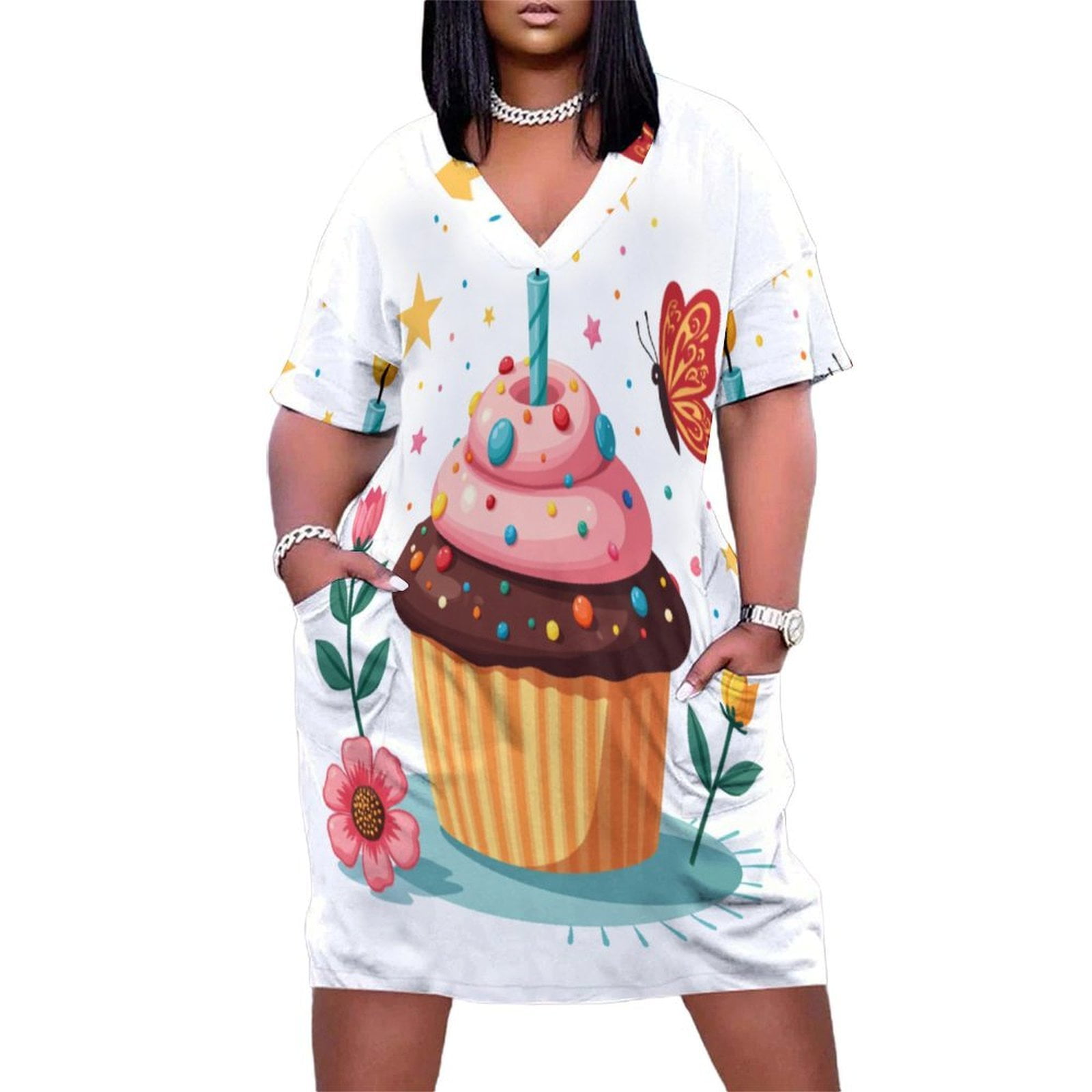 Cupcake Happy Birthday Festive Design Loose Pocket Dress Dresses Summer ...