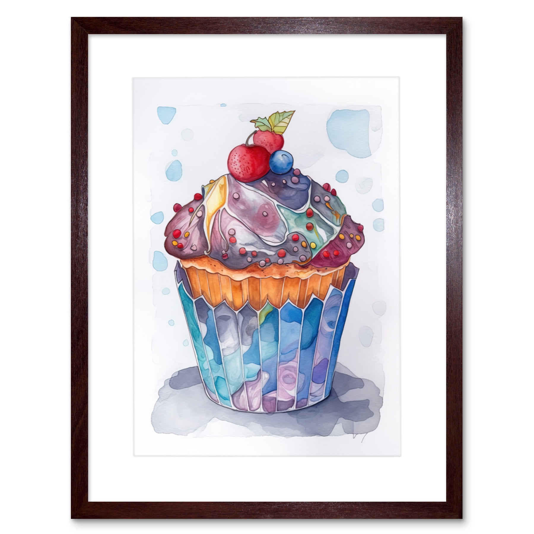 Cupcake Icing With Fruit Folk Art Watercolour Painting Kitchen Artwork ...