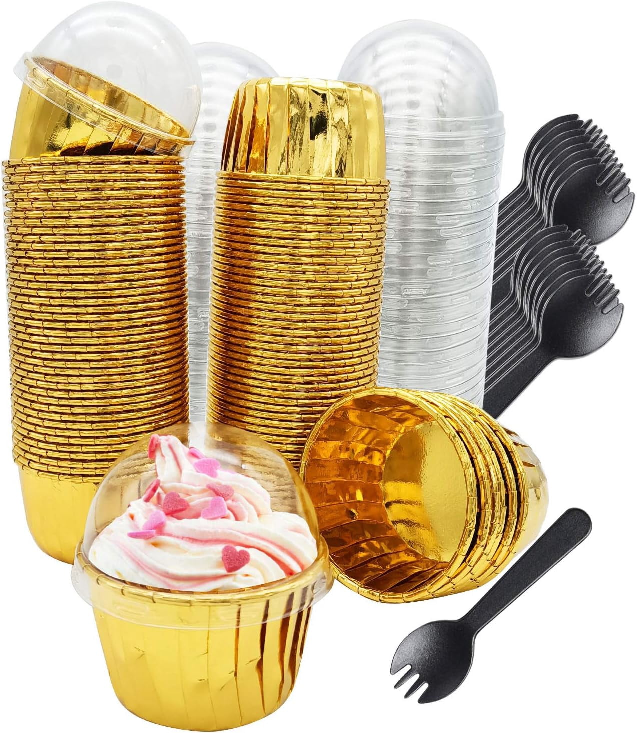 Cupcake Liners with Dome Lids 100 Count, 3.5 Ounces Mini Foil Baking ...