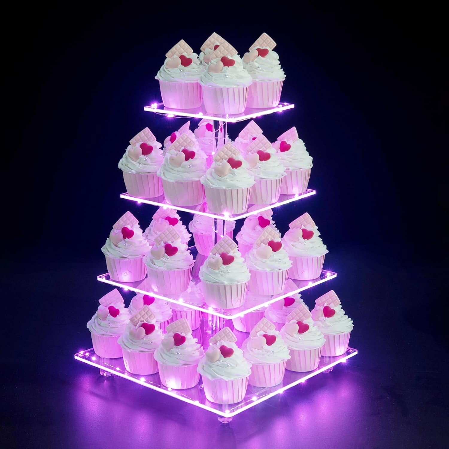 Cupcake Stand, 4-Tier Square Cupcake Holder with LED Light String ...