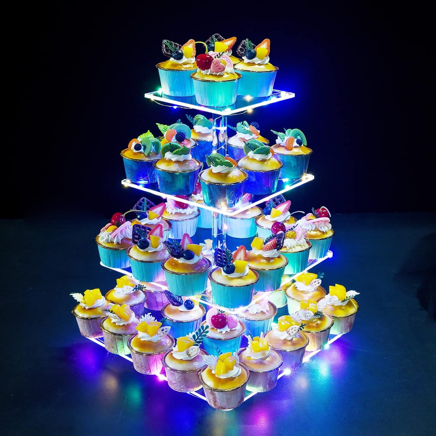 Cupcake Stand, 4-Tier Square Cupcake Holder with LED light String ...