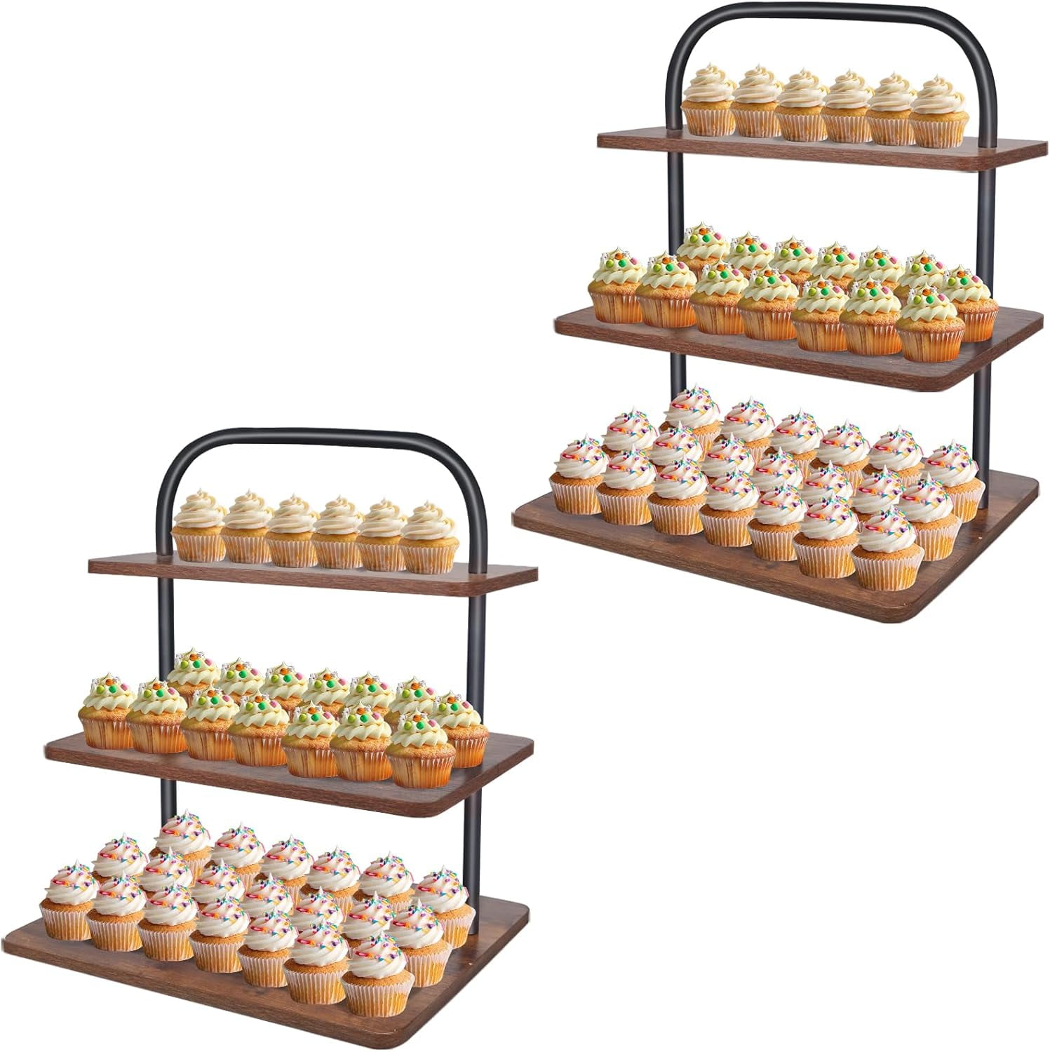 Cupcake Stand for 50 Cupcakes, 2 Pack 3 Tier Wooden Metal Cupcake Stand ...