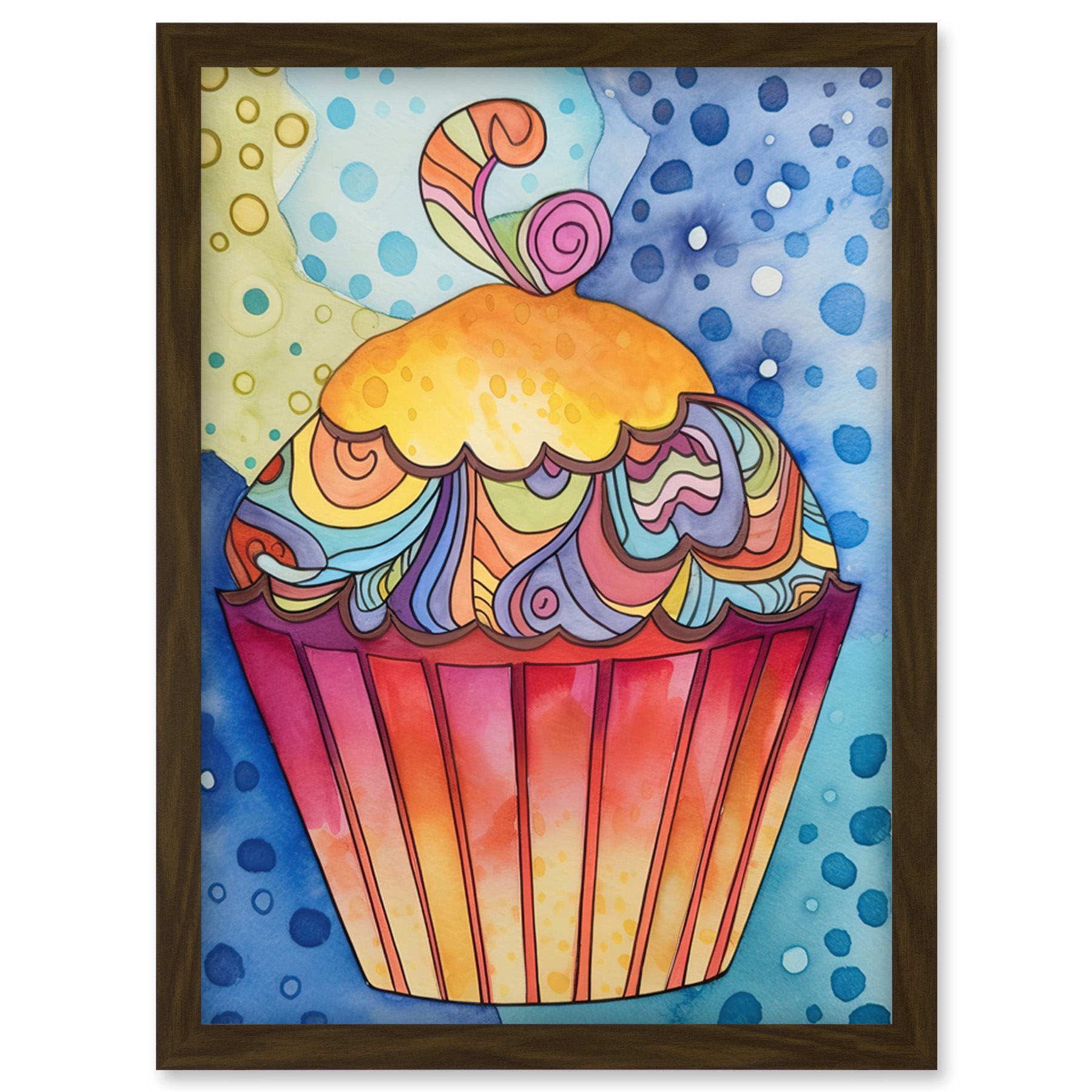 Cupcake With Colourful Frosting Folk Art Watercolour Painting Artwork ...