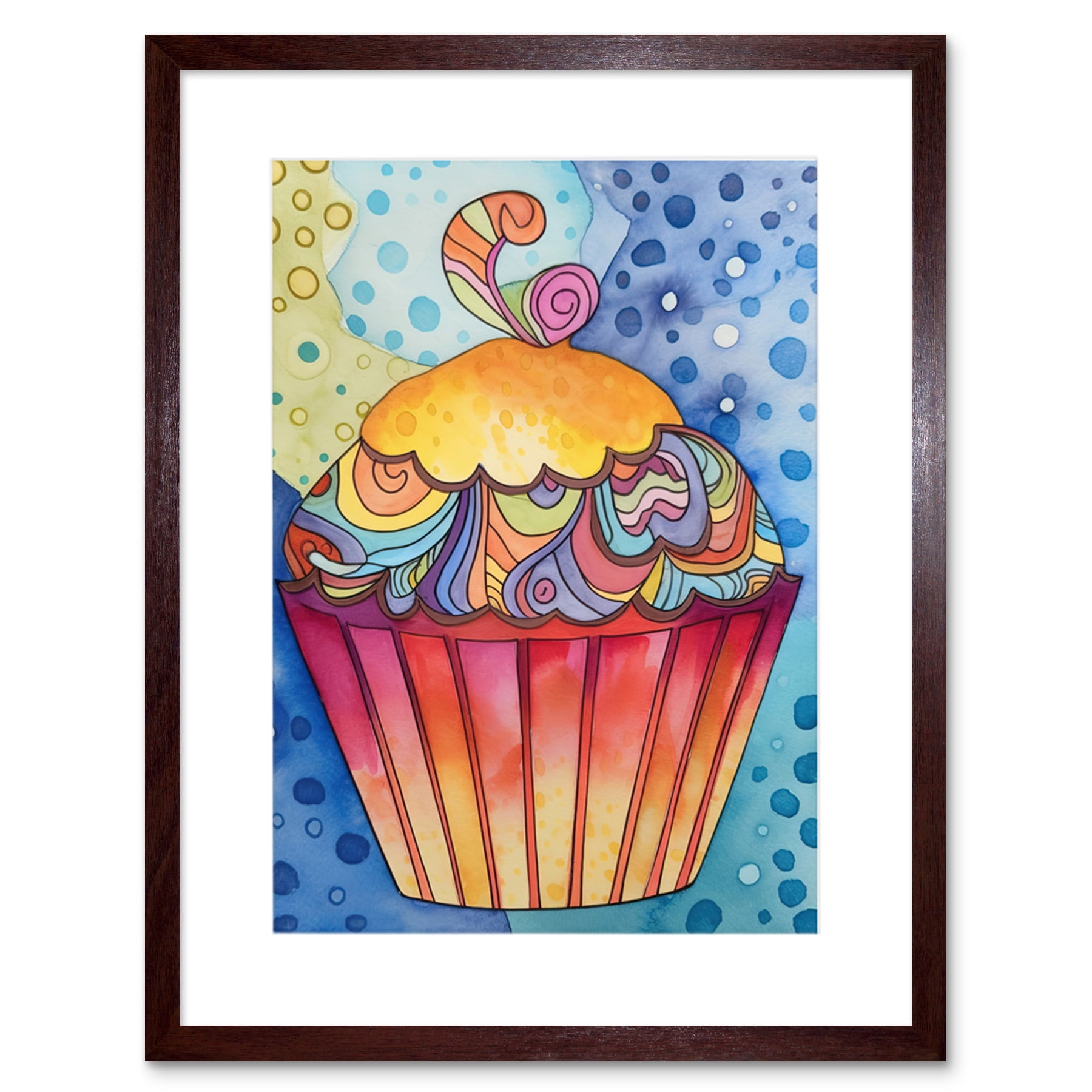Cupcake With Colourful Frosting Folk Art Watercolour Painting Kitchen ...