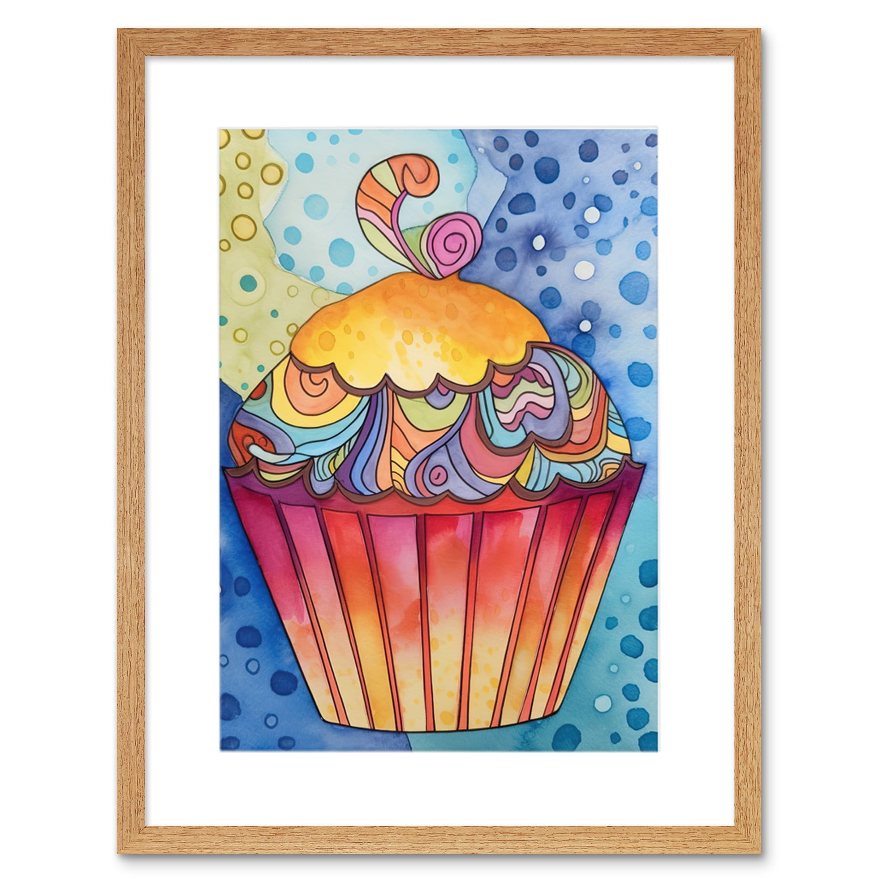 Cupcake With Colourful Frosting Folk Art Watercolour Painting Kitchen ...