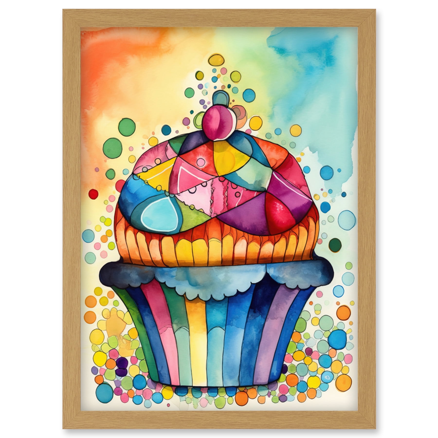 Cupcake With Colourful Frosting Watercolour Folk Art Painting Artwork ...