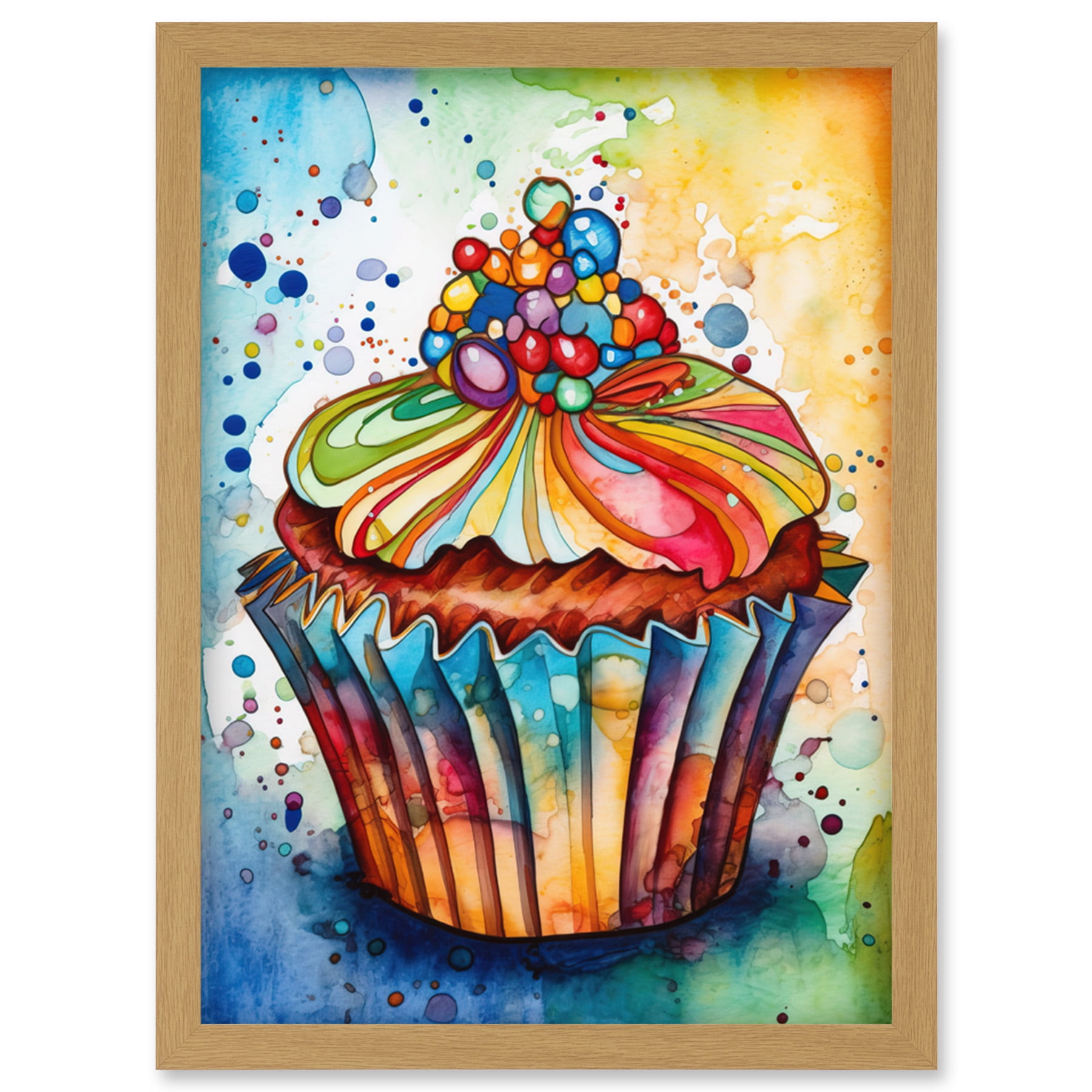 Cupcake With Sprinkles Vibrant Watercolour Painting Artwork Framed Wall ...
