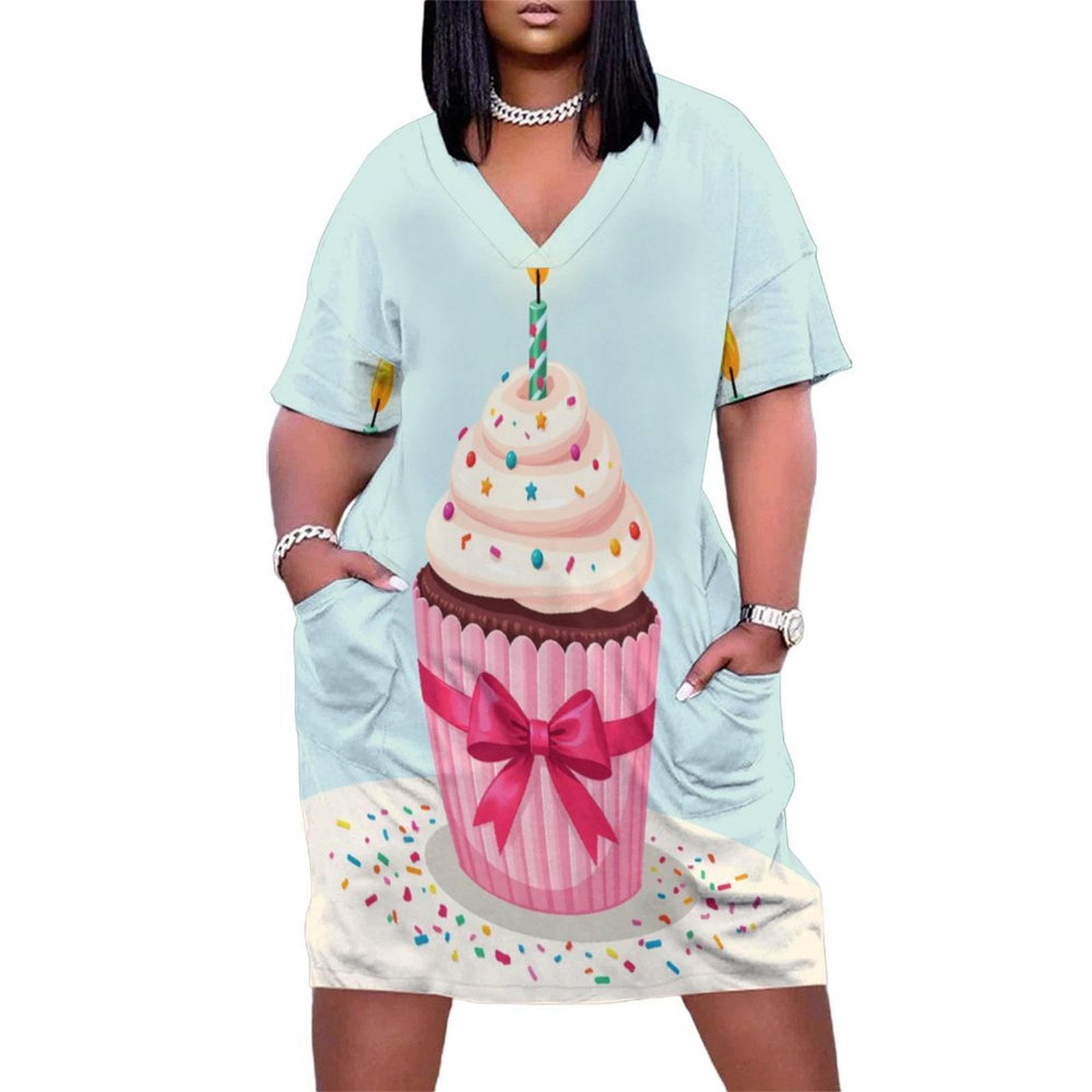 Cupcake with Candle And Sprinkles Loose Pocket Dress Dresses Summer ...