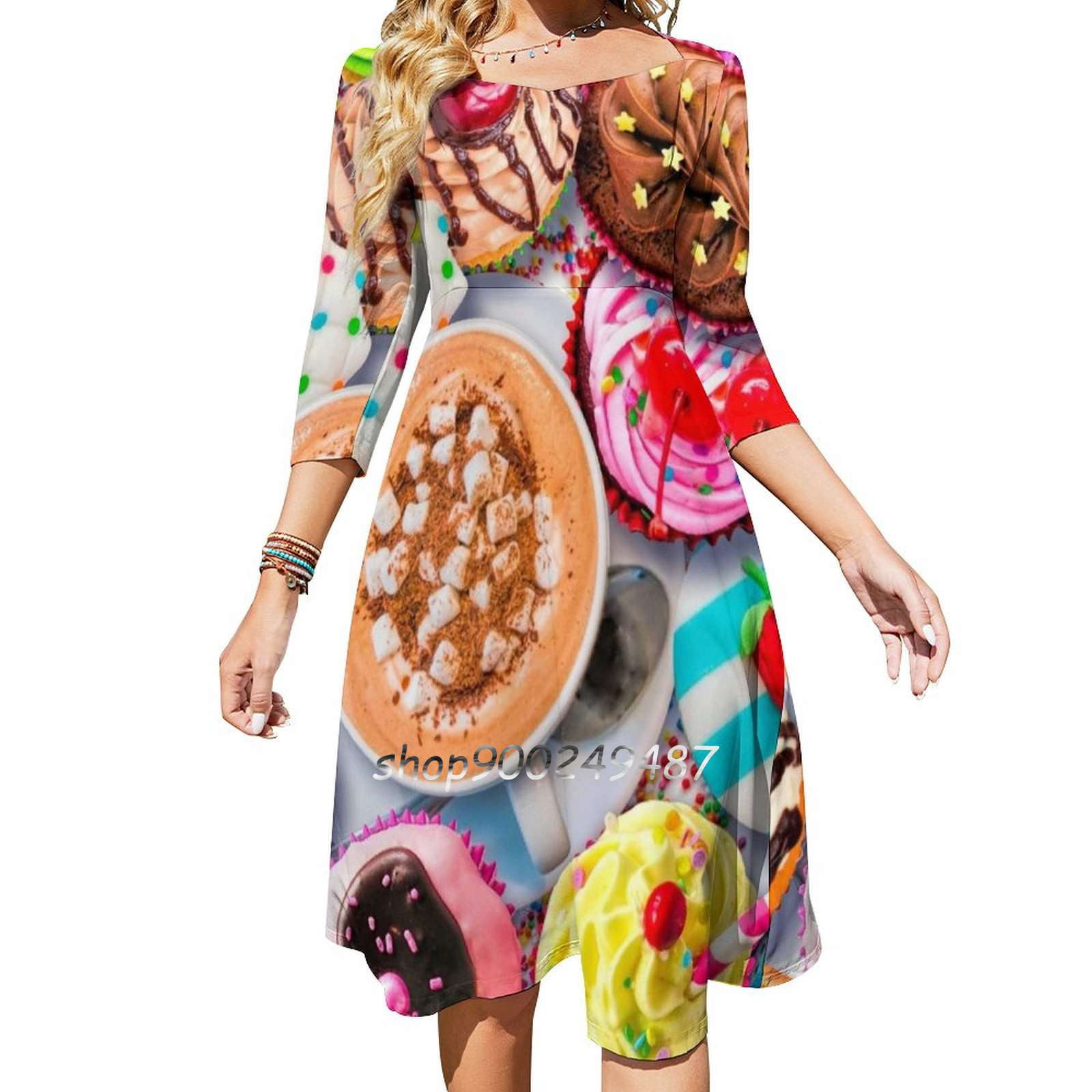 Cupcakes And Cocoa Square Neck Dress Cute Loose Print Dresses Elegant ...