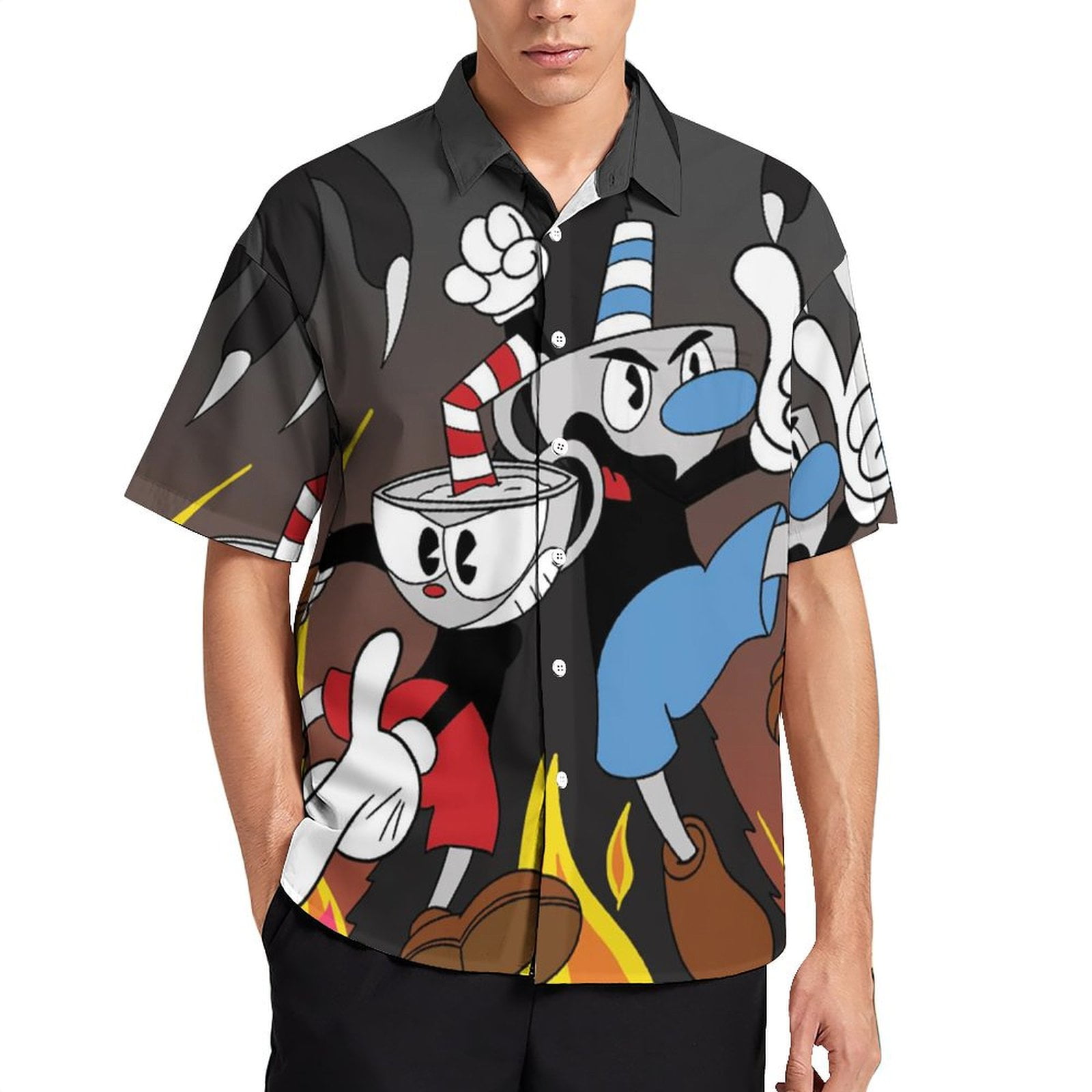 Cuphead Game Men's Button-Down Shirts Daily Casual Beach Hawaiian ...