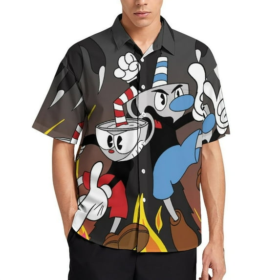 Cuphead Game Men's Button-Down Shirts Daily Casual Beach Hawaiian ...