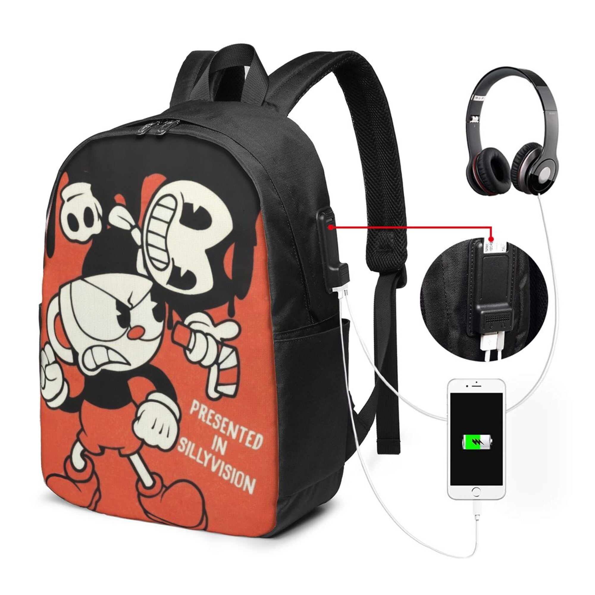 Cup-Head Travel Laptop Backpack with USB Port and Headphone Port, Adult ...