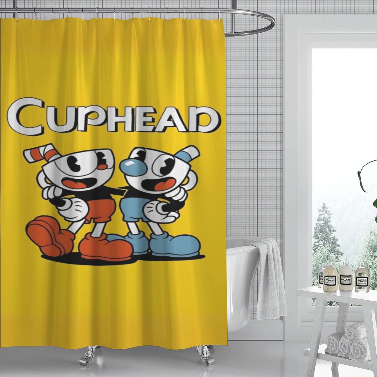 Cuphead shower curtain exhibits a captivating design, is waterproof for ...