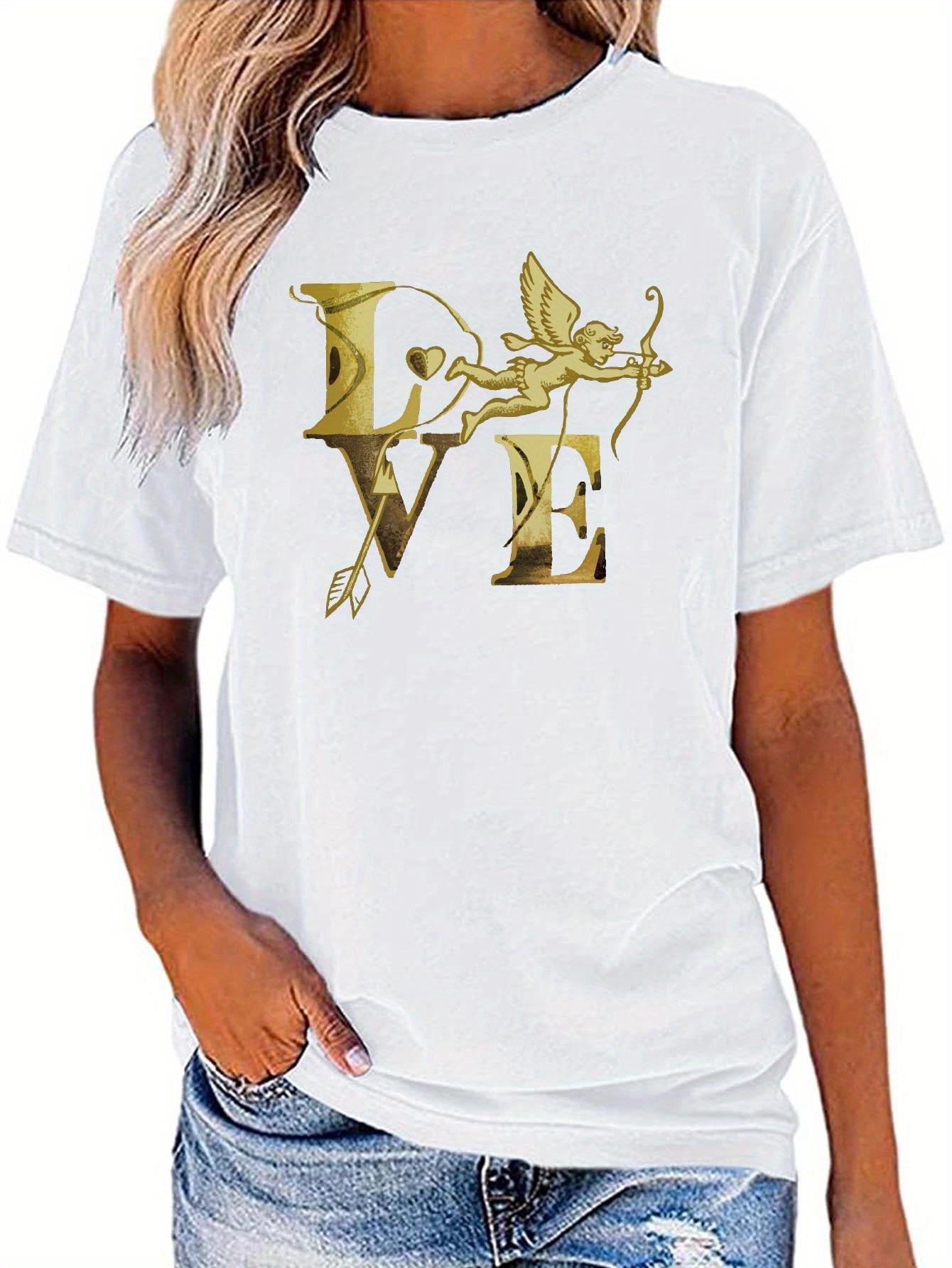 Cupid Arrow Print Crew Neck T-shirt, Casual Short Sleeve Top For Spring ...