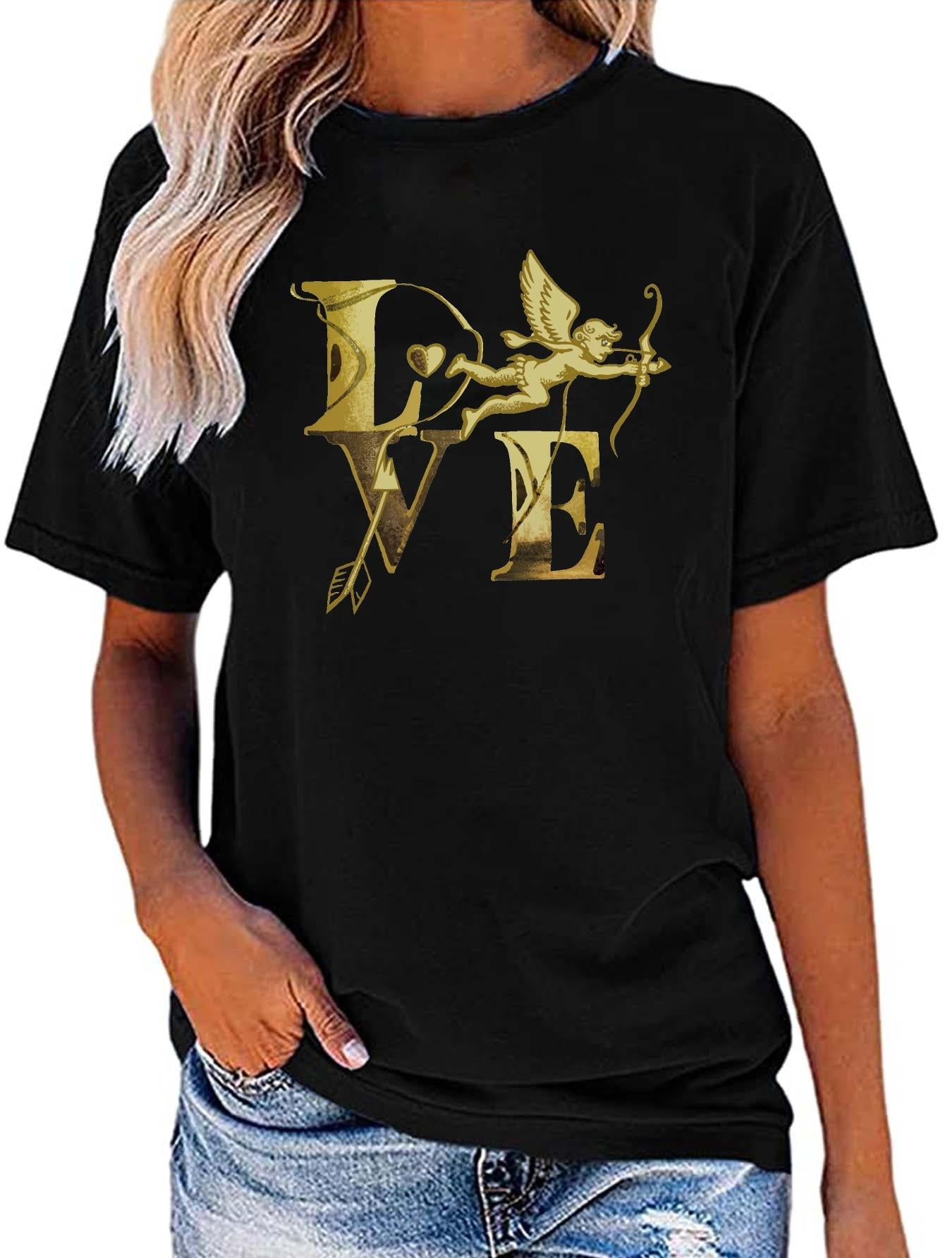 Cupid Arrow Print Crew Neck T-shirt, Casual Short Sleeve Top For Spring ...