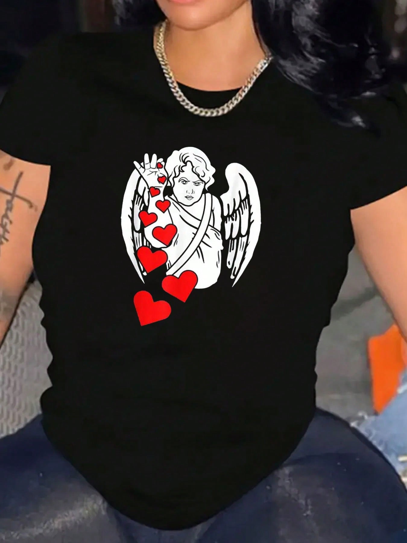 Cupid Heart Graphic Valentine's Day Women Casual Short Sleeve T-Shirt ...