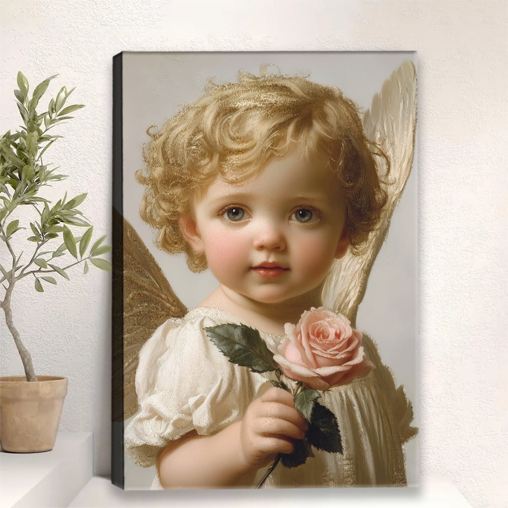 Cupid Holding A Pink Rose Poster Canvas Print Wall Art Bedroom Room ...