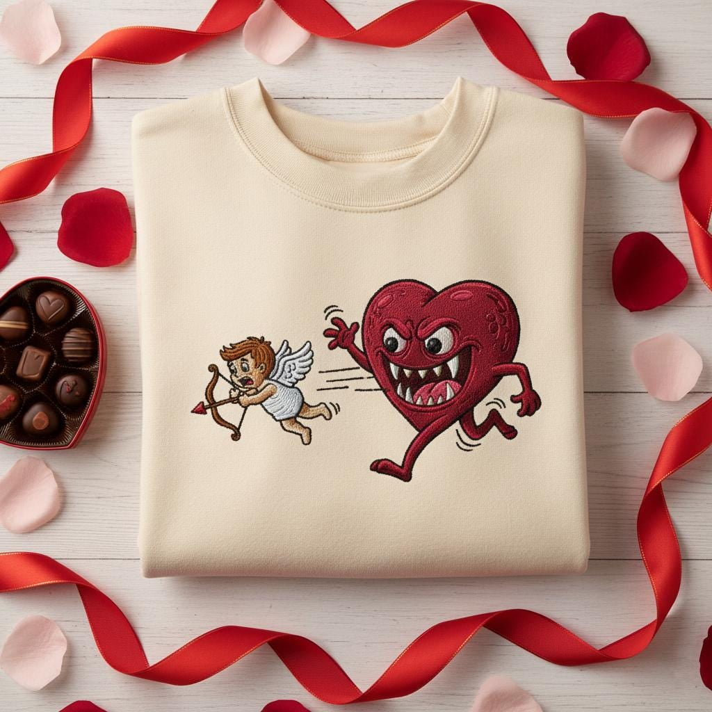 Cupid Monster Heart Embroidered Sweatshirt, Funny Dark Valentine's Day ...