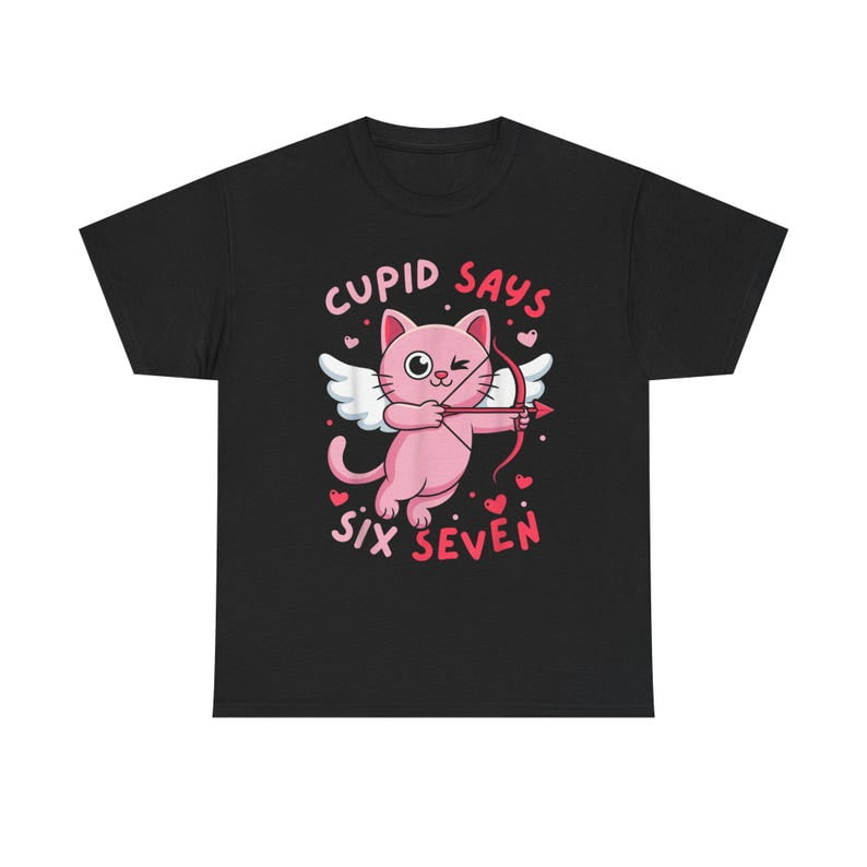 Cupid Says 6 7 Cat Graphic Valentine Back Print Tee, Minimal Cupid Cat ...