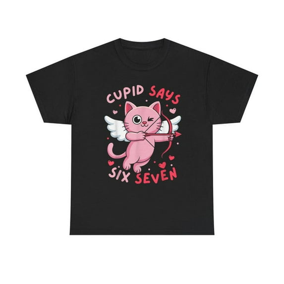 Cupid Says 6 7 Cat Graphic Valentine Back Print Tee, Minimal Cupid Cat ...