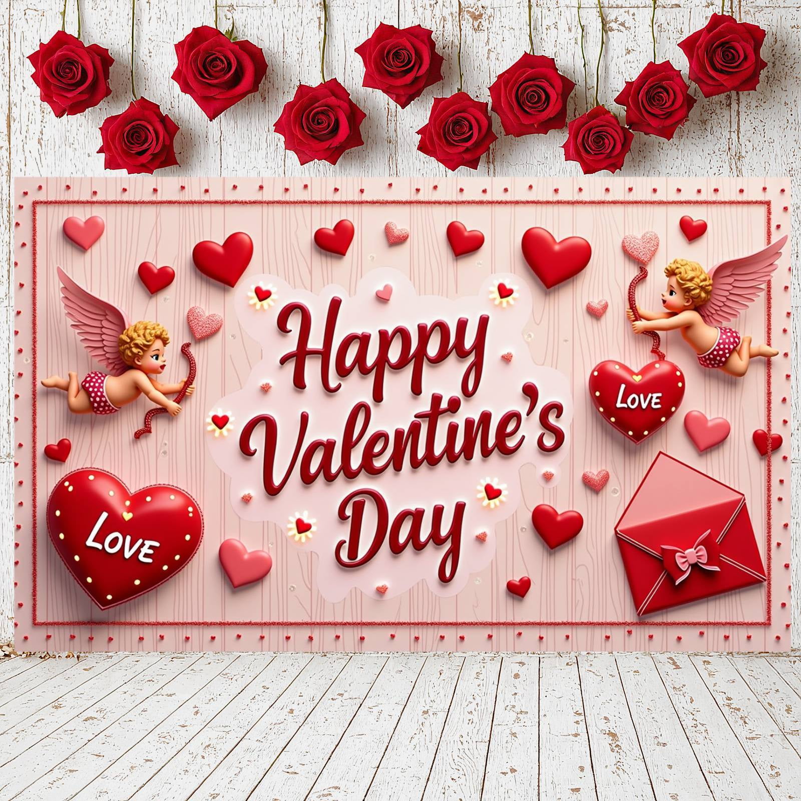 Cupid Themed Valentine's Day Banner Heart Pattern Love Display Red ...