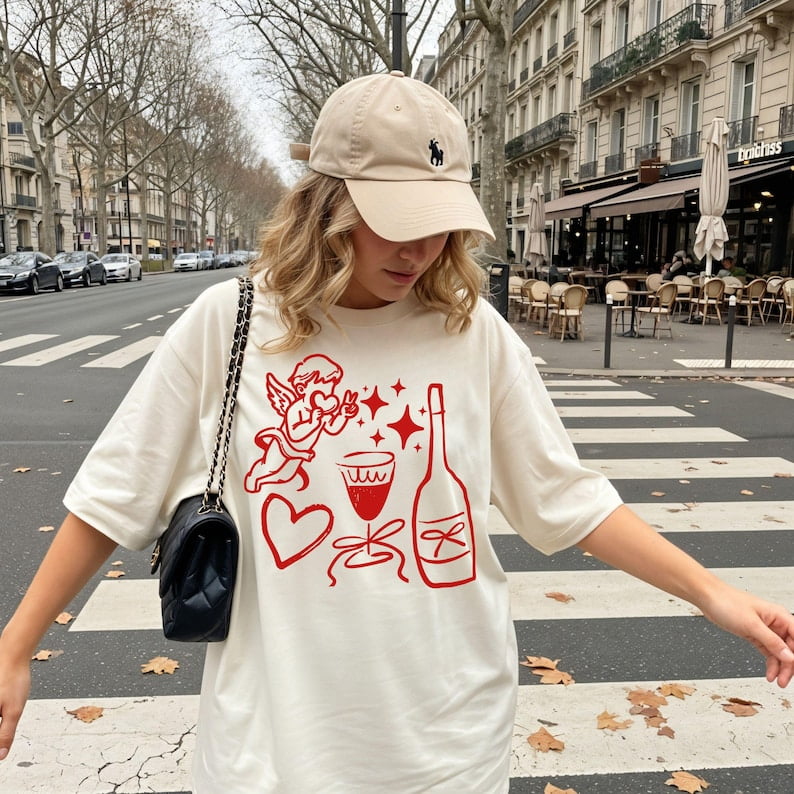 Cupid Wine Valentine Shirt Front Print Romantic Heart Line Art Design ...