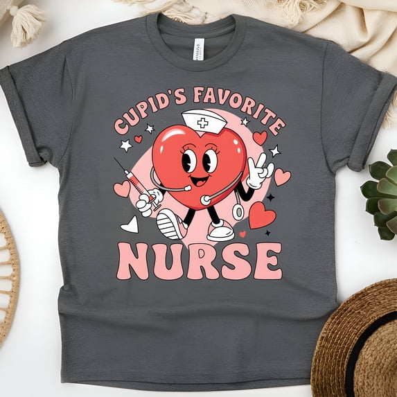 Cupid’s Favorite Nurse Graphic T-Shirt with Heart Cartoon Design, Dark ...